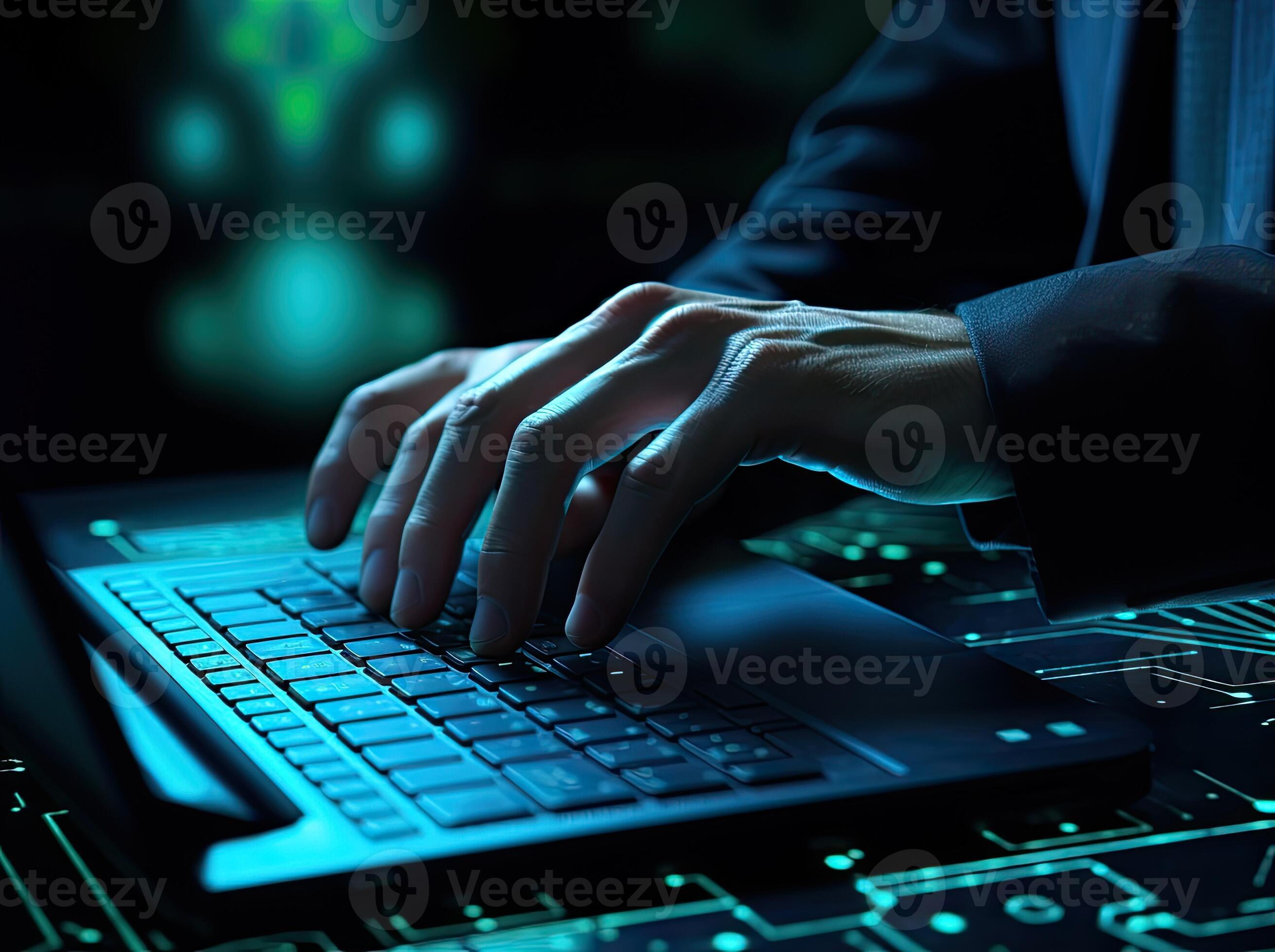 Close up of hacker hands typing on laptop keyboard. Cyber attack ...