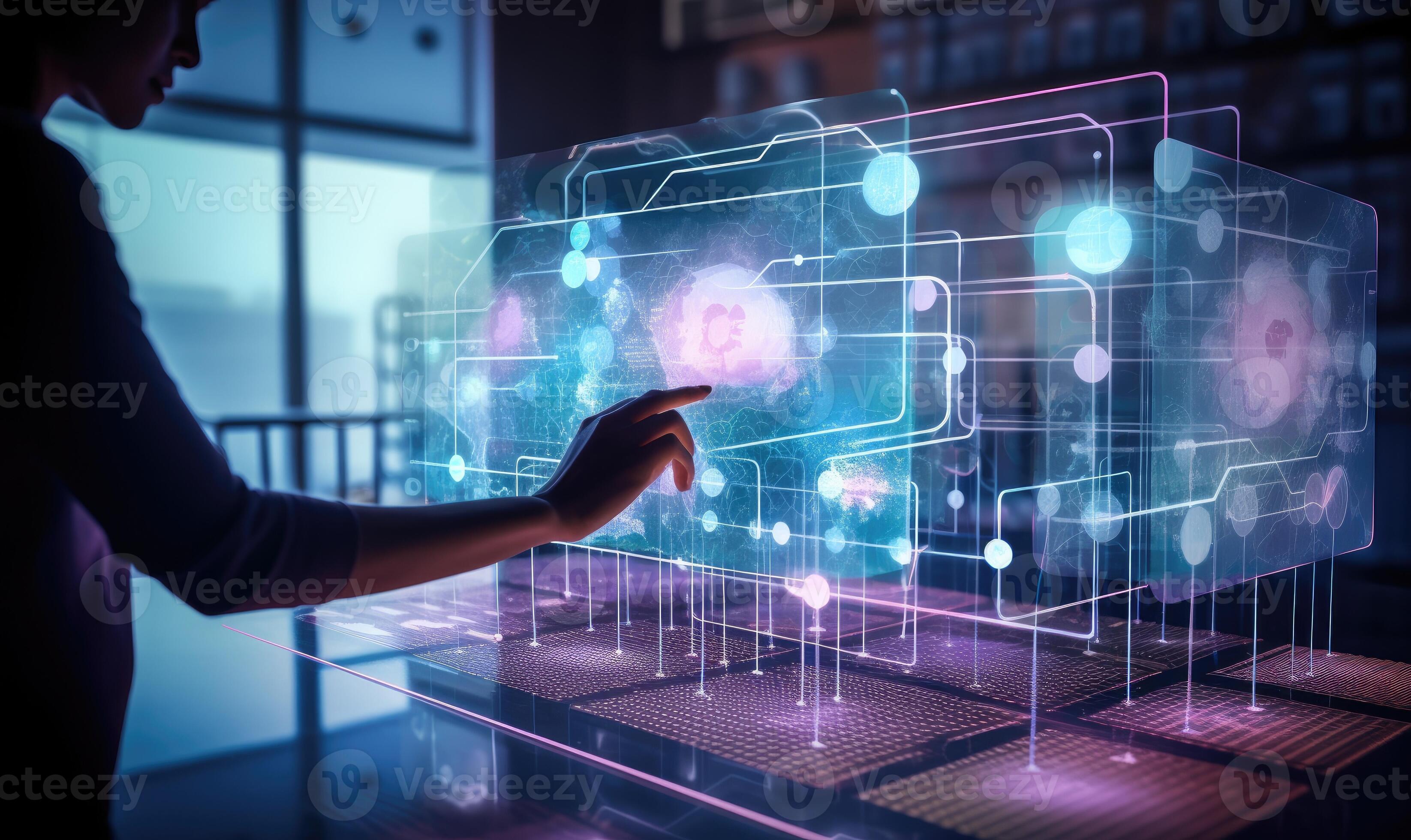 Businesswoman touching hologram screen with digital icons and symbols ...