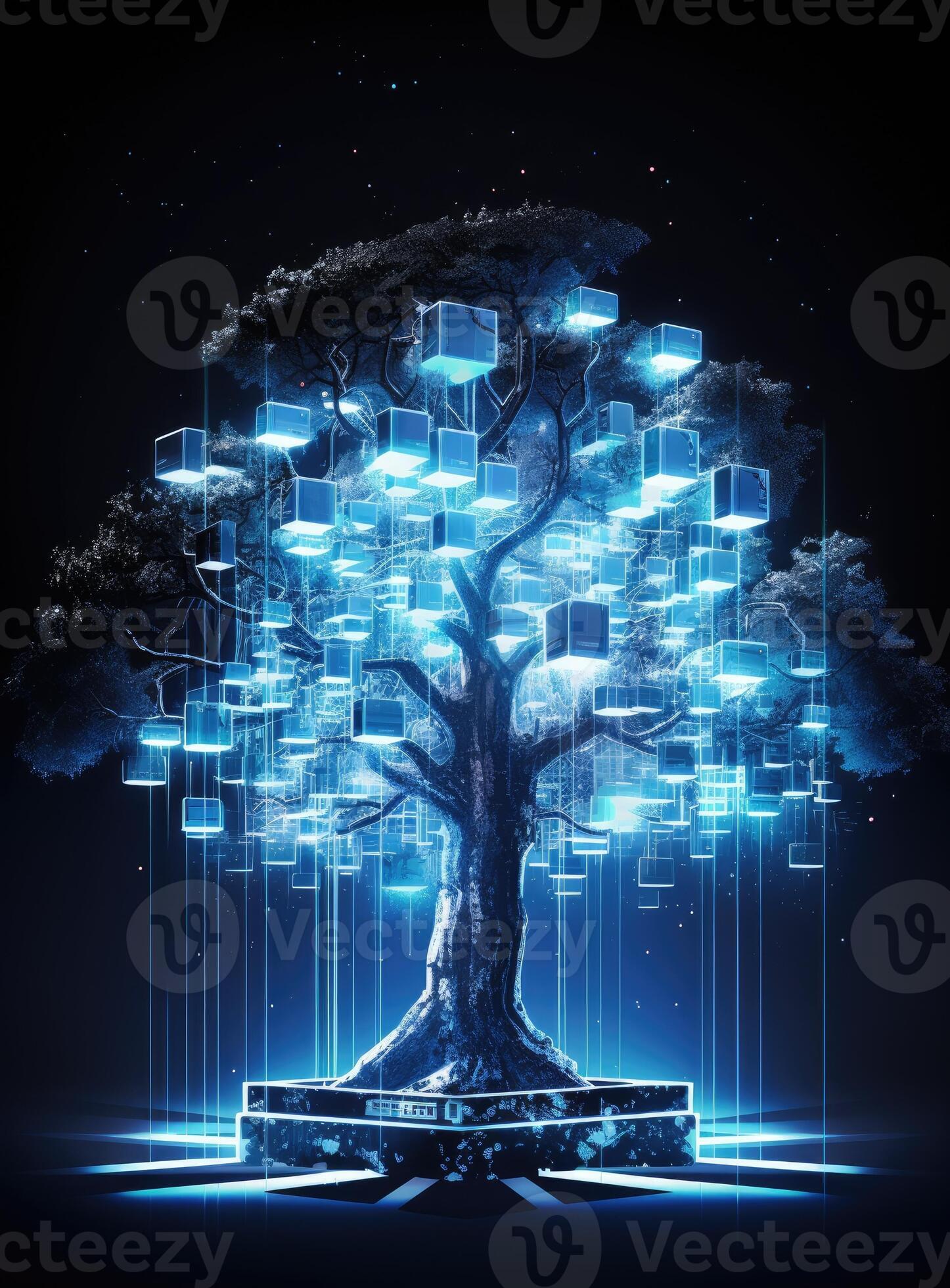 Futuristic tree with glowing cubes on dark background. 3D rendering ...