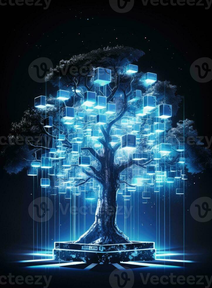 Futuristic tree with glowing cubes on dark background. 3D rendering ...