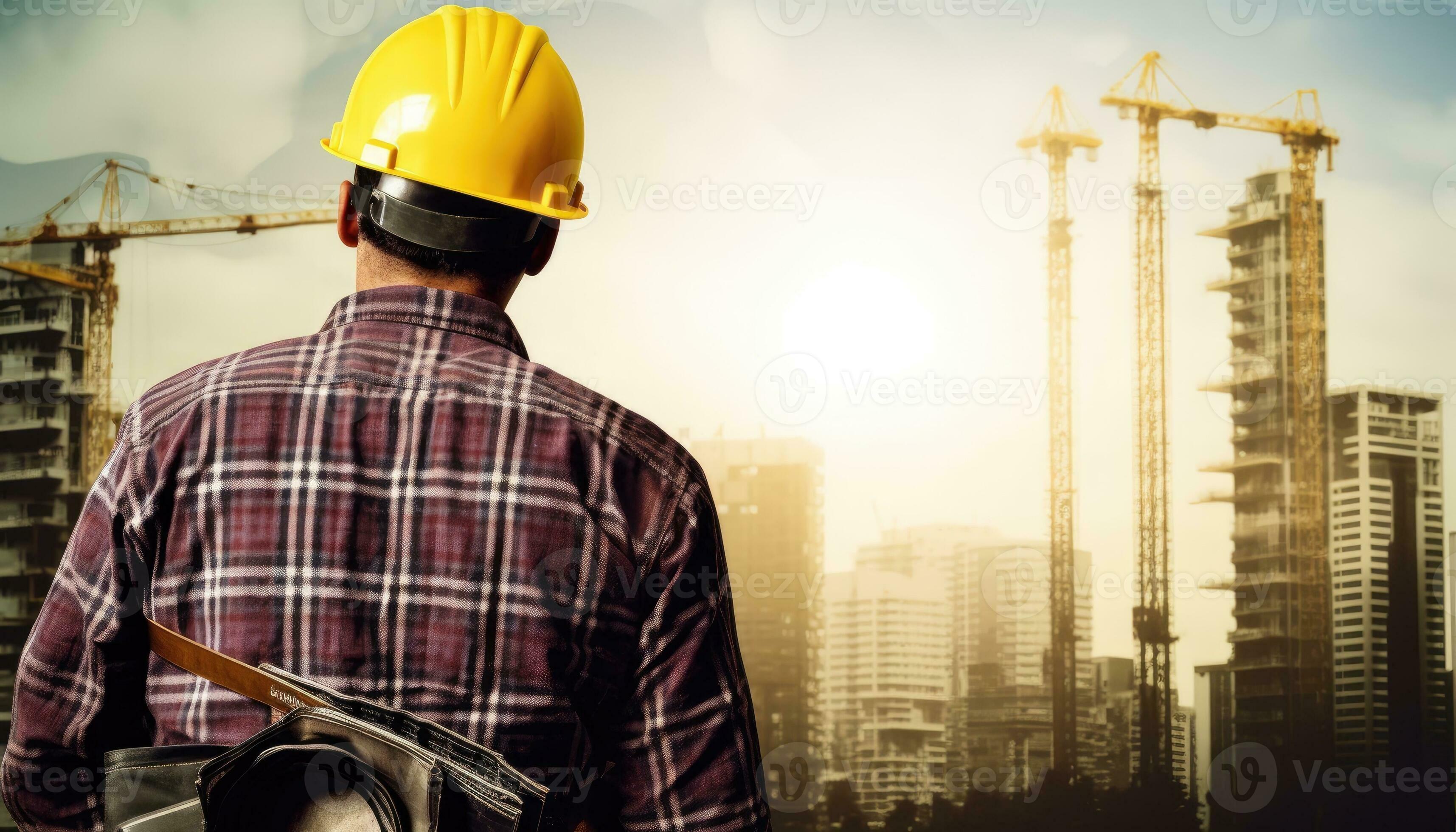 Back view of engineer or architect with hardhat on construction site ...