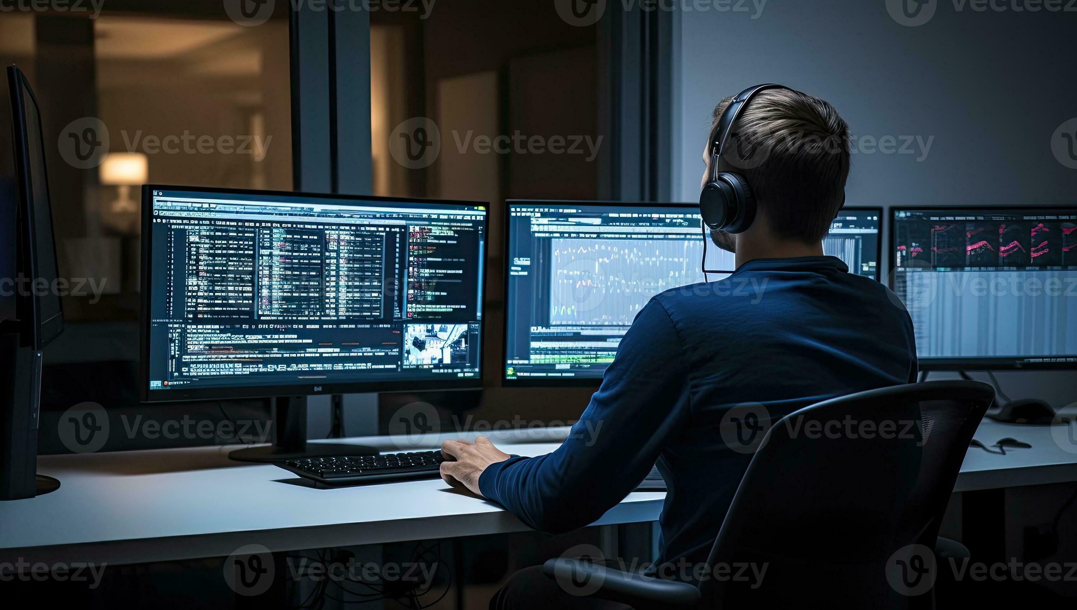 Software Developer Sitting In Front Of Computer Screens While Working Late At Night Ai