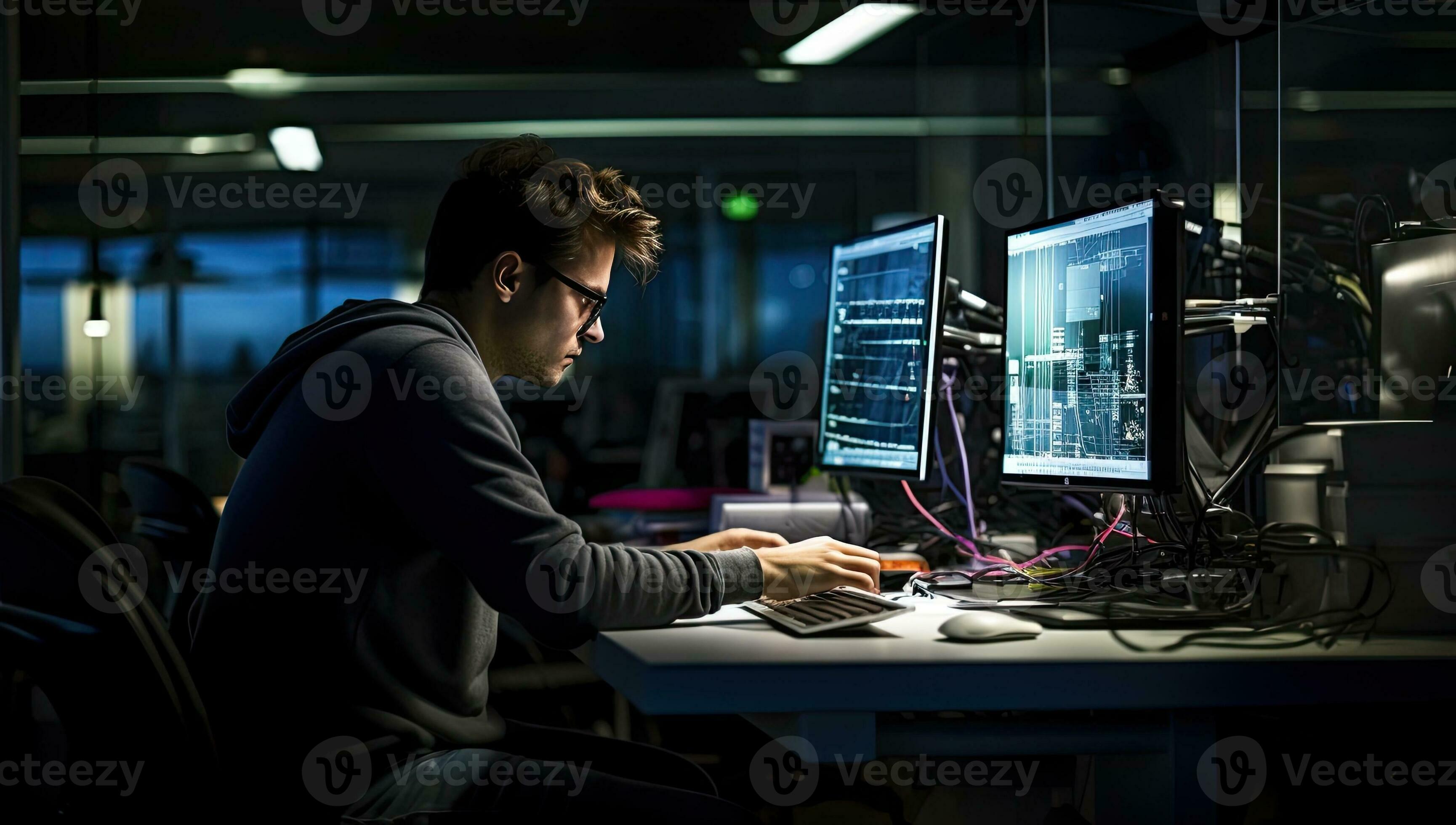 Programmer working on a computer late at night in a dark office. AI ...