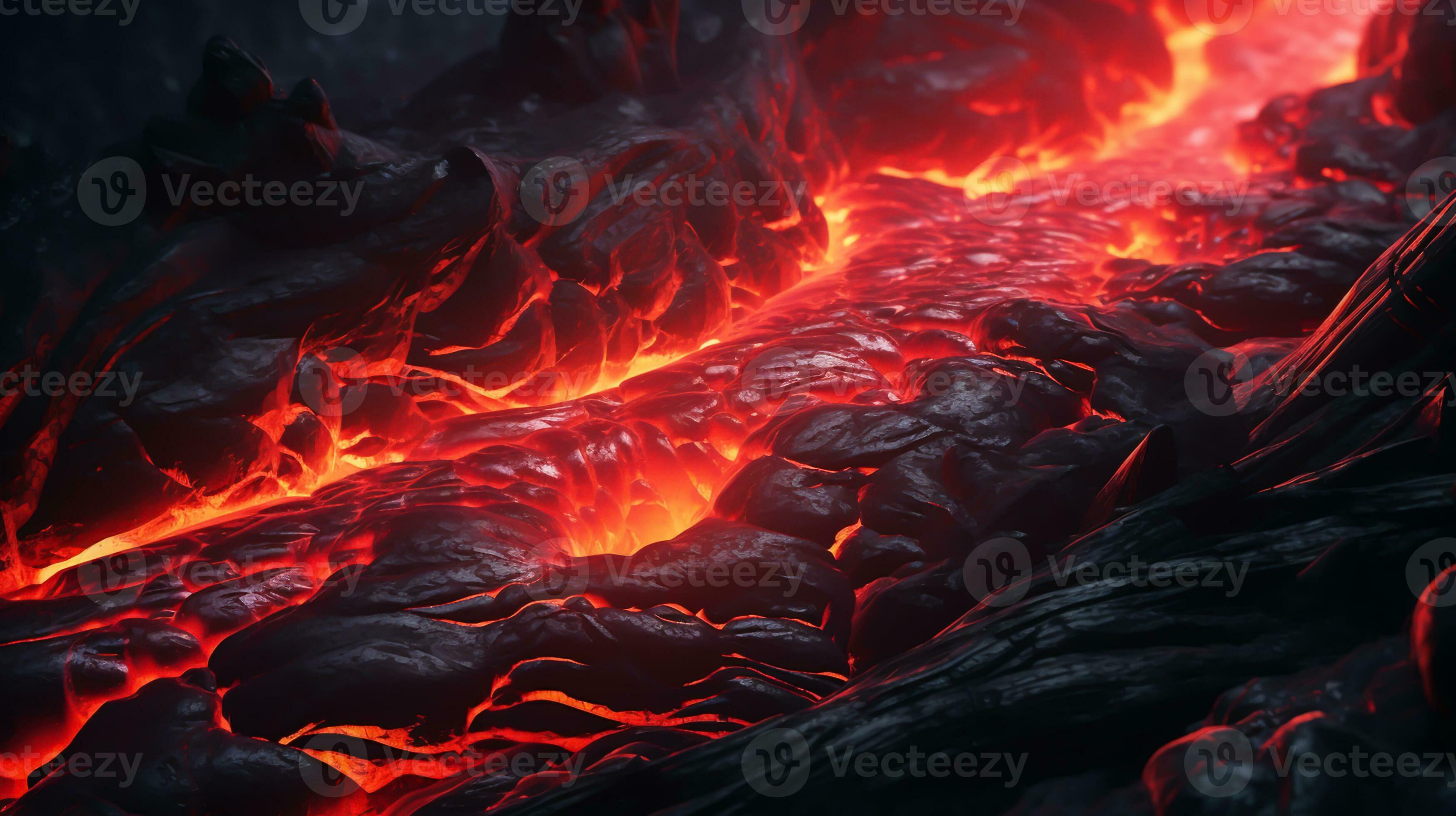 Lava from an erupting volcano flowing down the mountain. AI generated ...