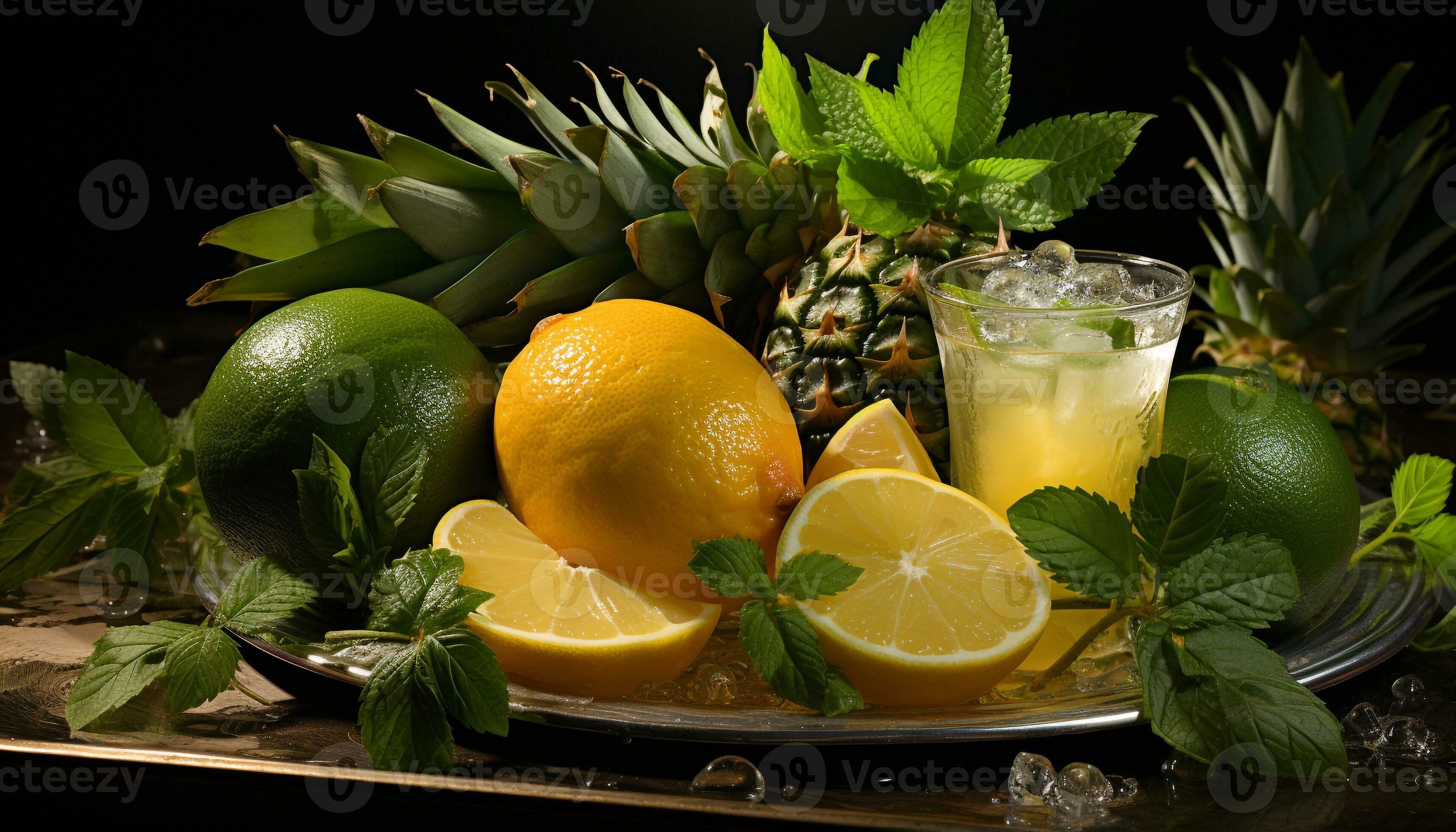 Refreshing citrus cocktail with mint leaf, lime, and ice cubes generated by AI 30481723 Stock ...