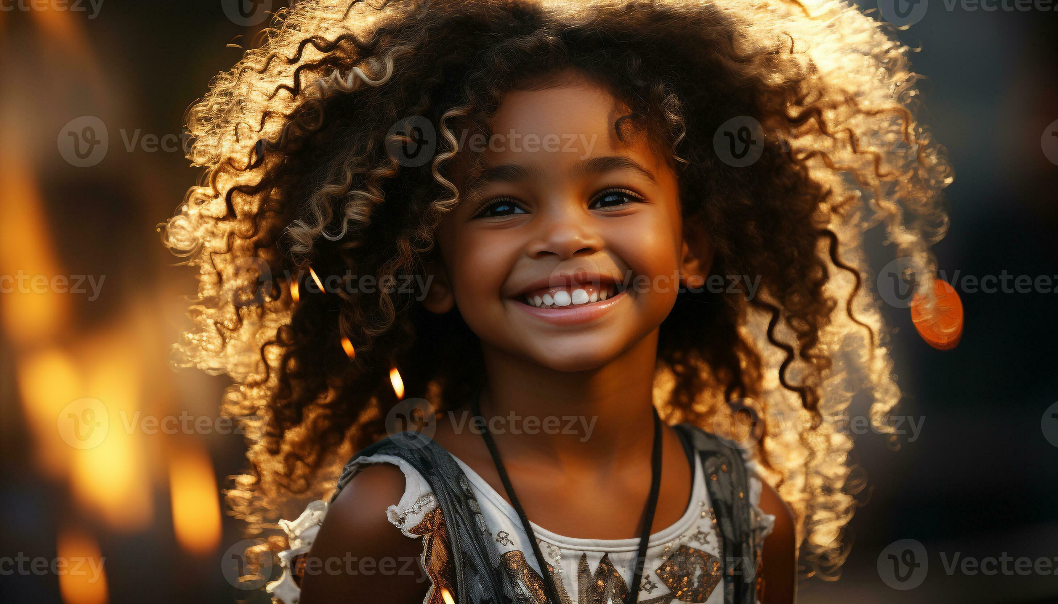 Smiling curly haired girl, happiness in cheerful portrait, enjoying ...