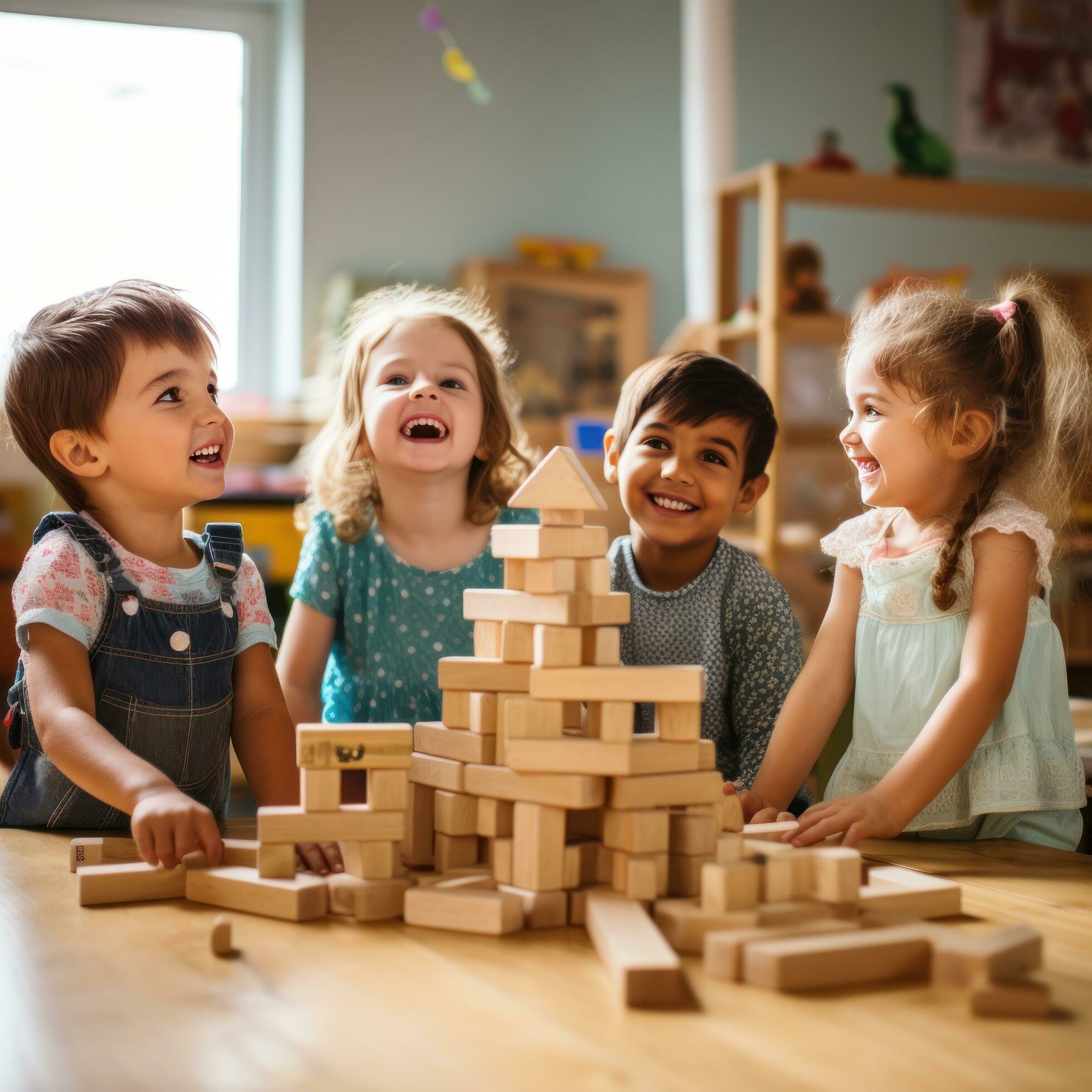 A group of children playing together and building with wooden blocks. 30485919 Stock Photo at ...