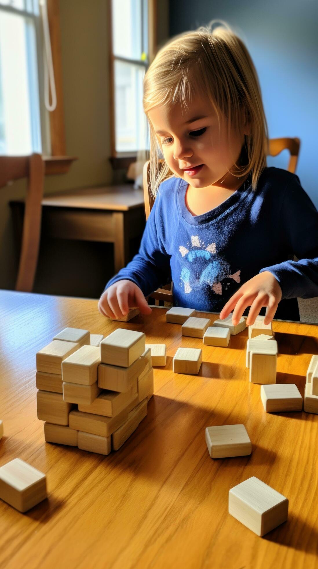 A young child using blocks to learn basic counting and math skills ...
