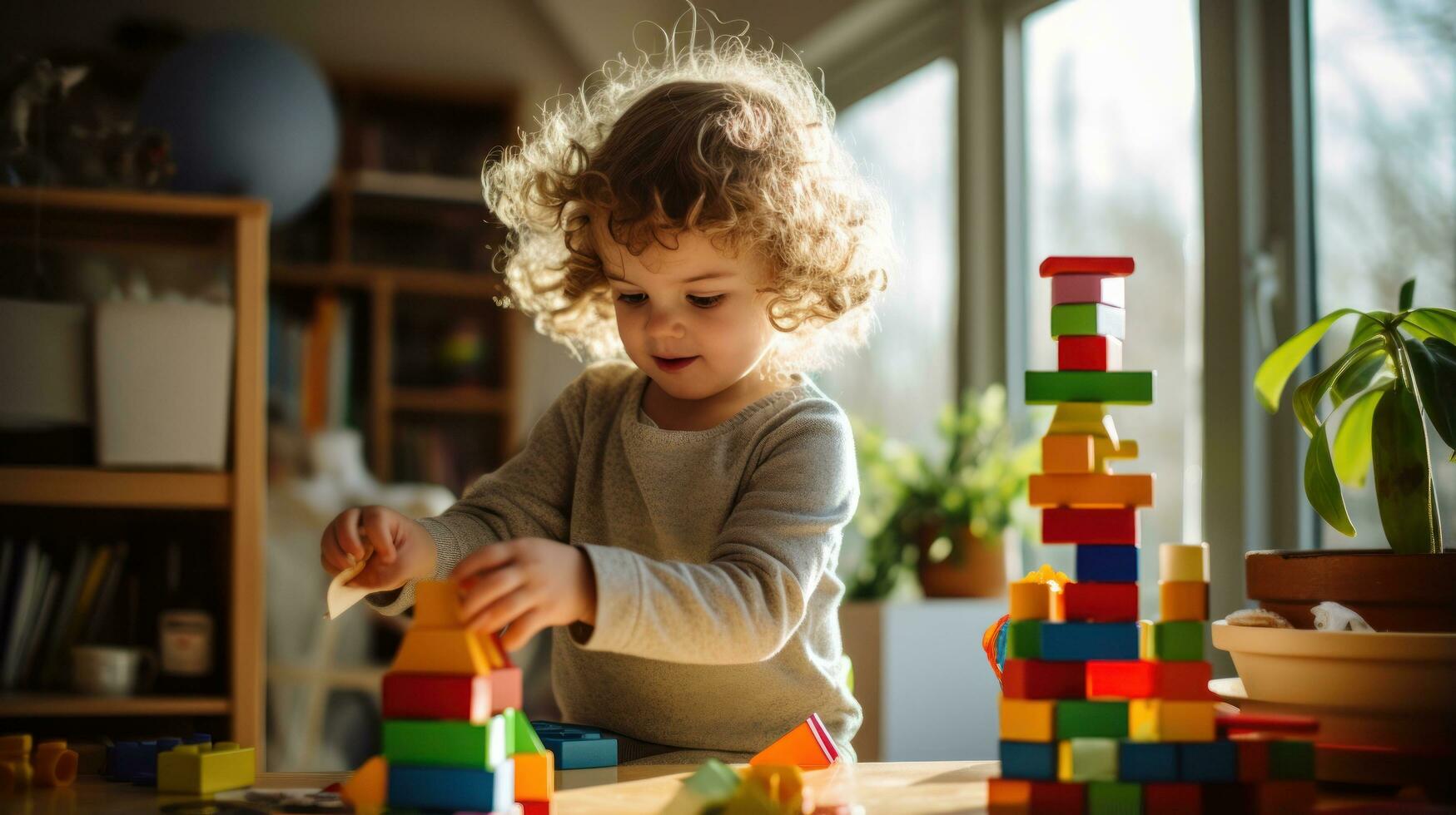 A young child using blocks to learn basic counting and math skills ...