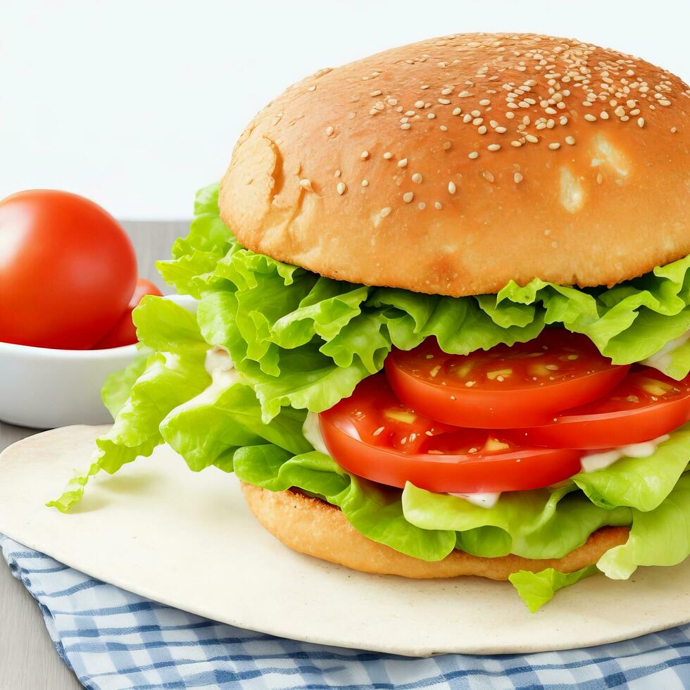 Crisp chicken burger with tomato onion cheese lettuce. ai generated ... Crisp chicken burger with tomato onion cheese lettuce. ai generated ...