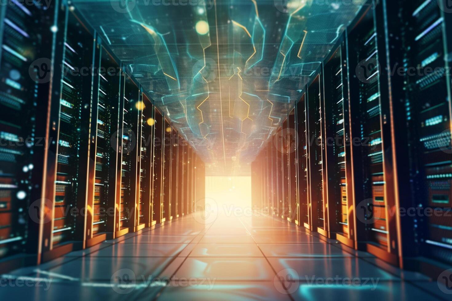 3D rendering of futuristic server room with glowing lights and data on ...