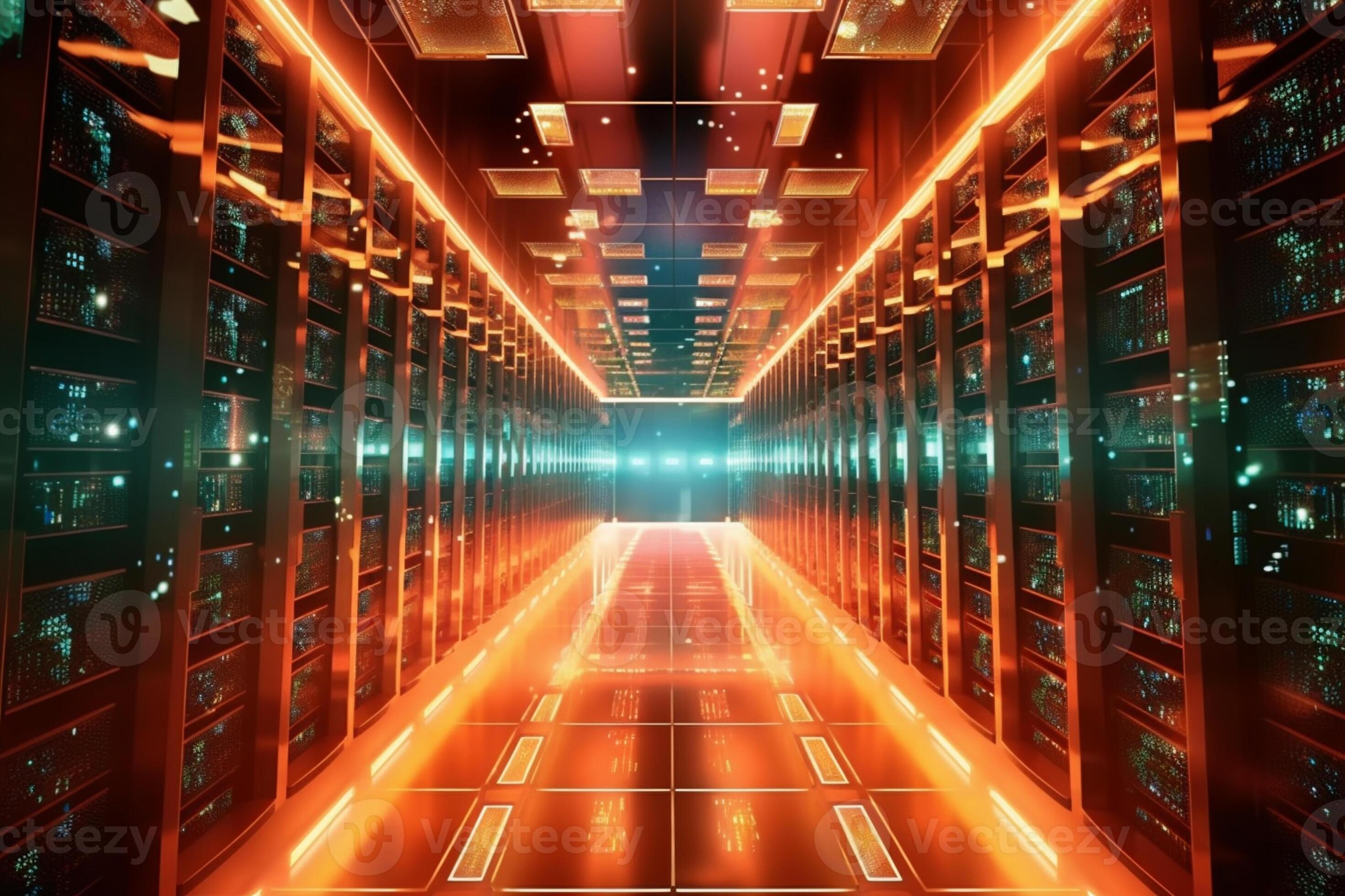 3D rendering of futuristic server room with glowing lights and data on the wall 30491268 Stock ...