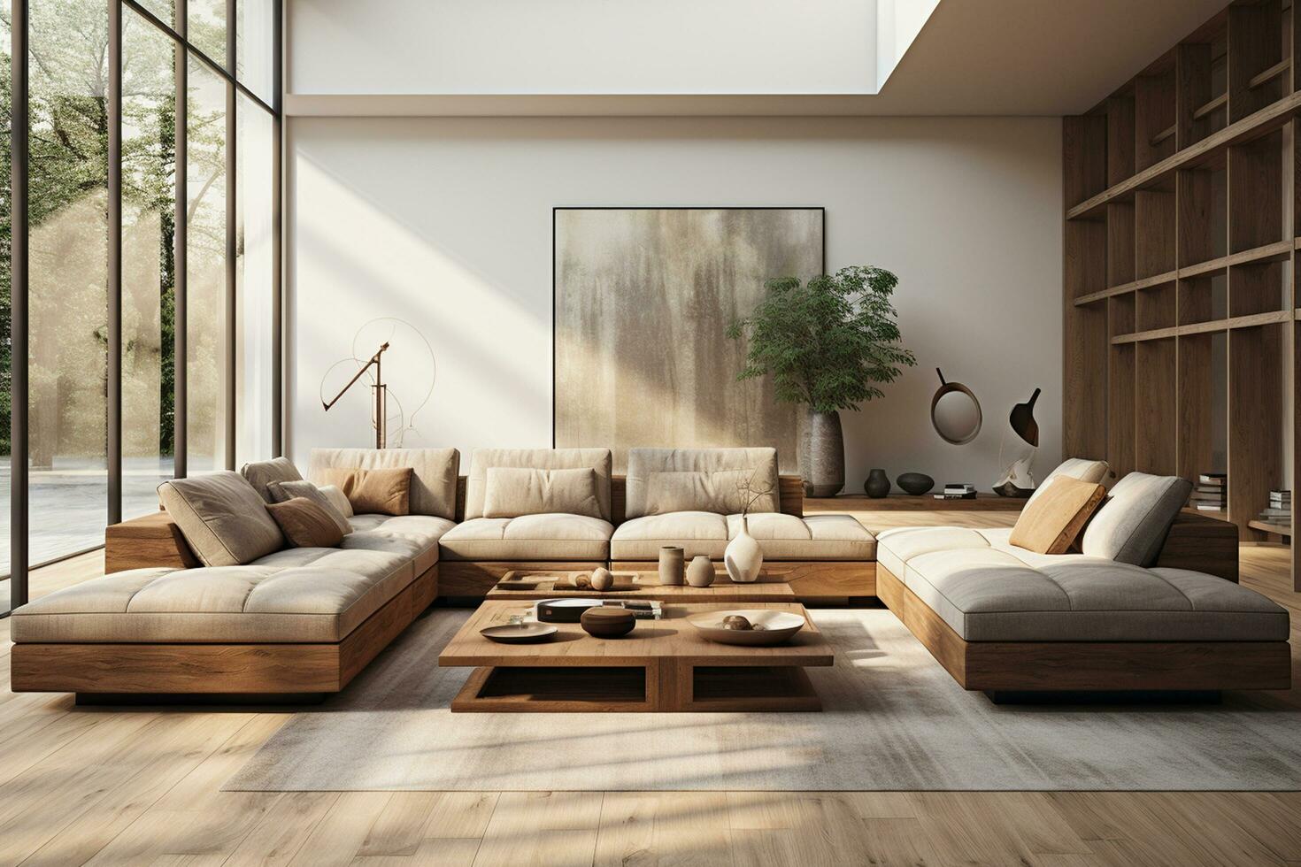 Interior of modern living room with white walls, wooden floor Ai ...