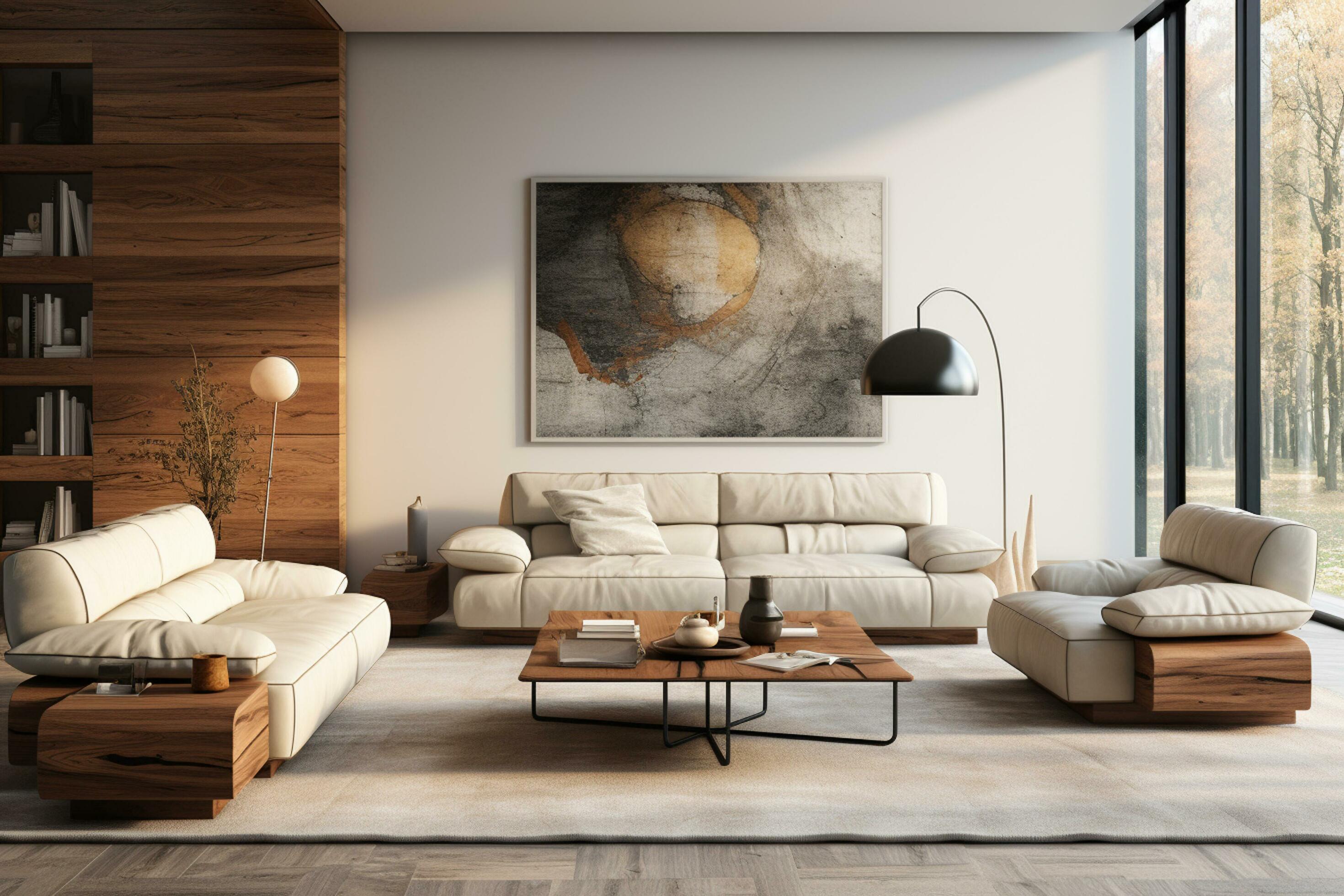 Interior of modern living room with white walls, wooden floor Ai ...