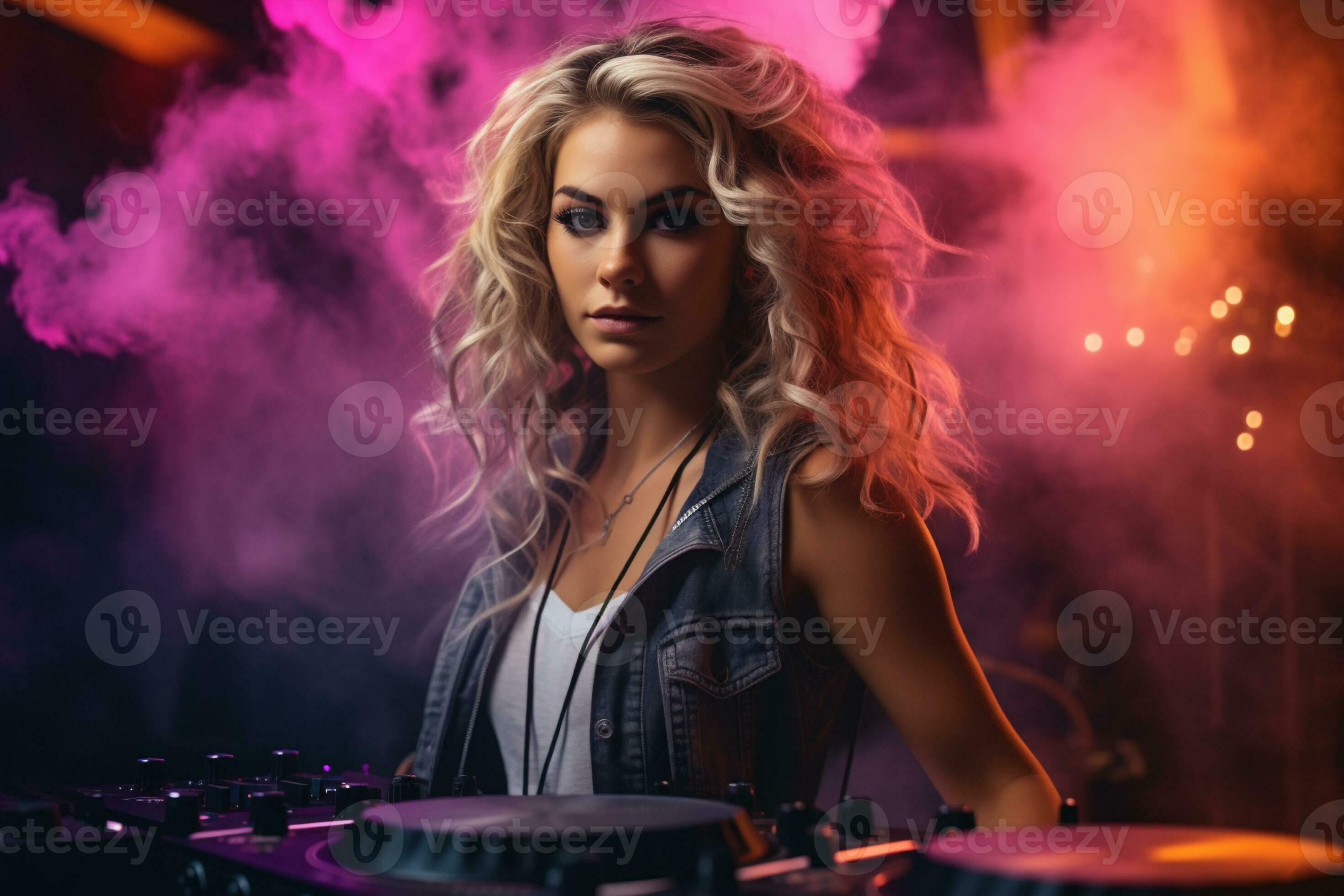 Beautiful girl dj playing music at party with colorful lights on background Ai Generated ...