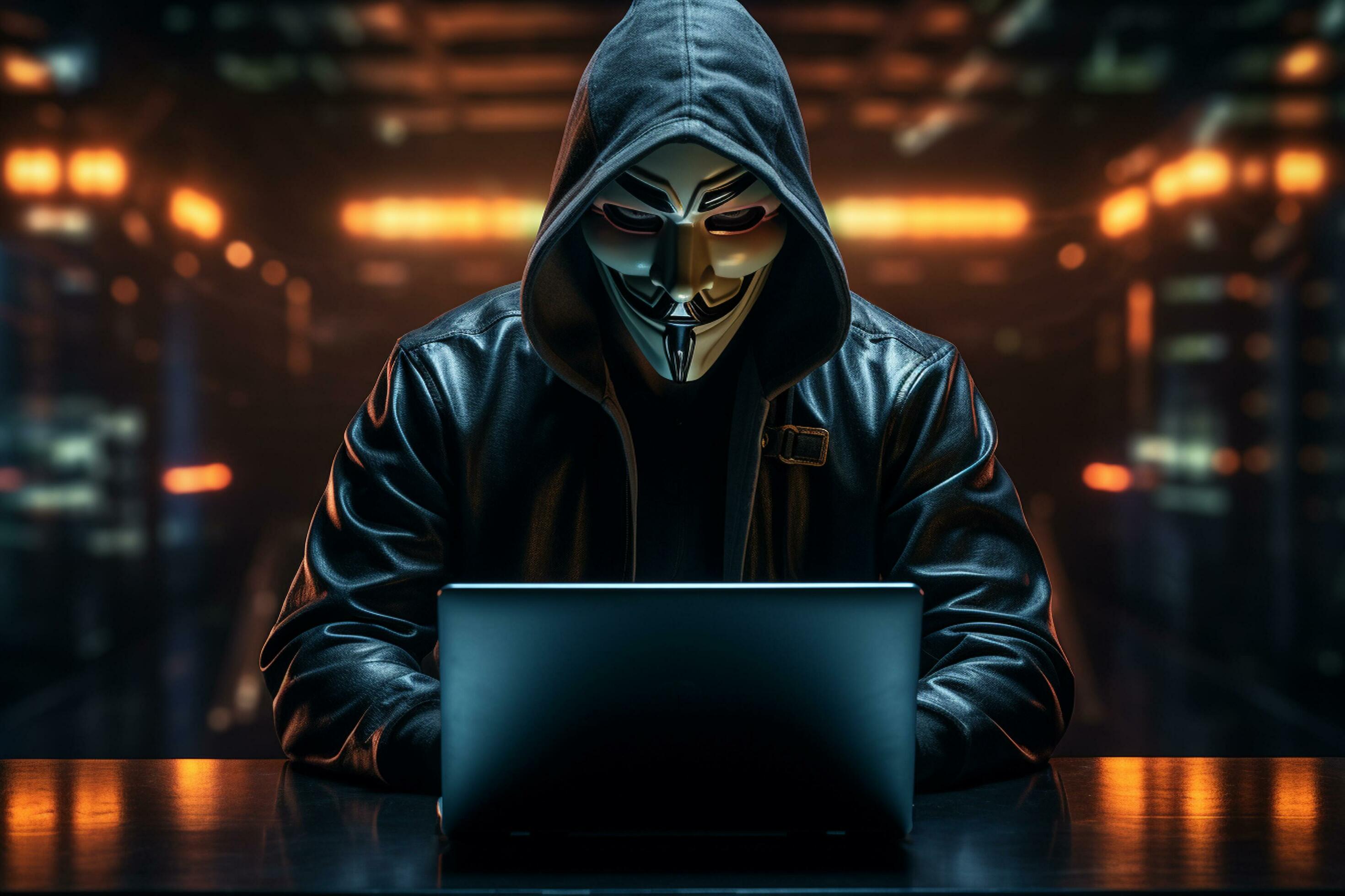 Hooded hacker stealing information from a laptop. Dark background. AI Generated 30492224 Stock ...
