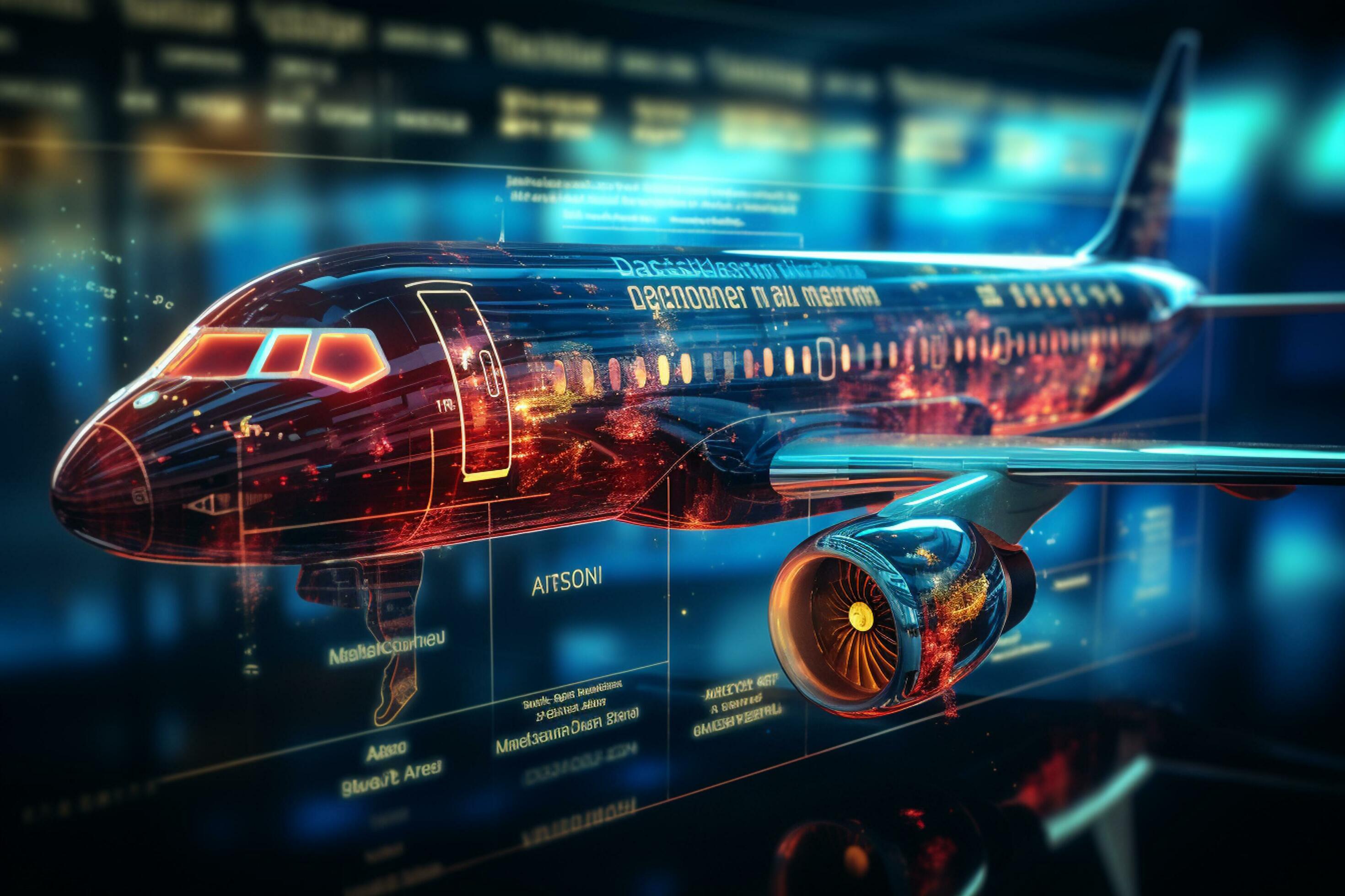 Airplane flying in blue sky and binary code interface. 3D rendering AI ...