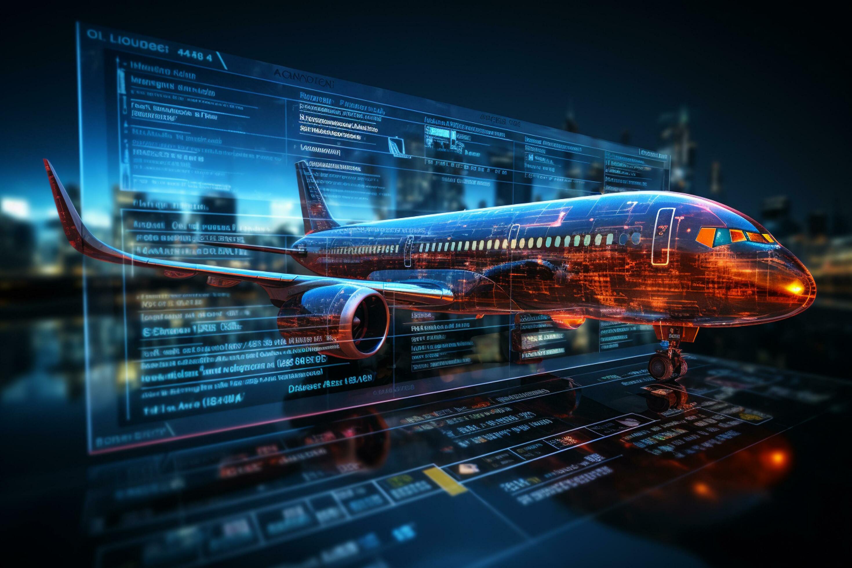 Airplane flying in blue sky and binary code interface. 3D rendering AI ...