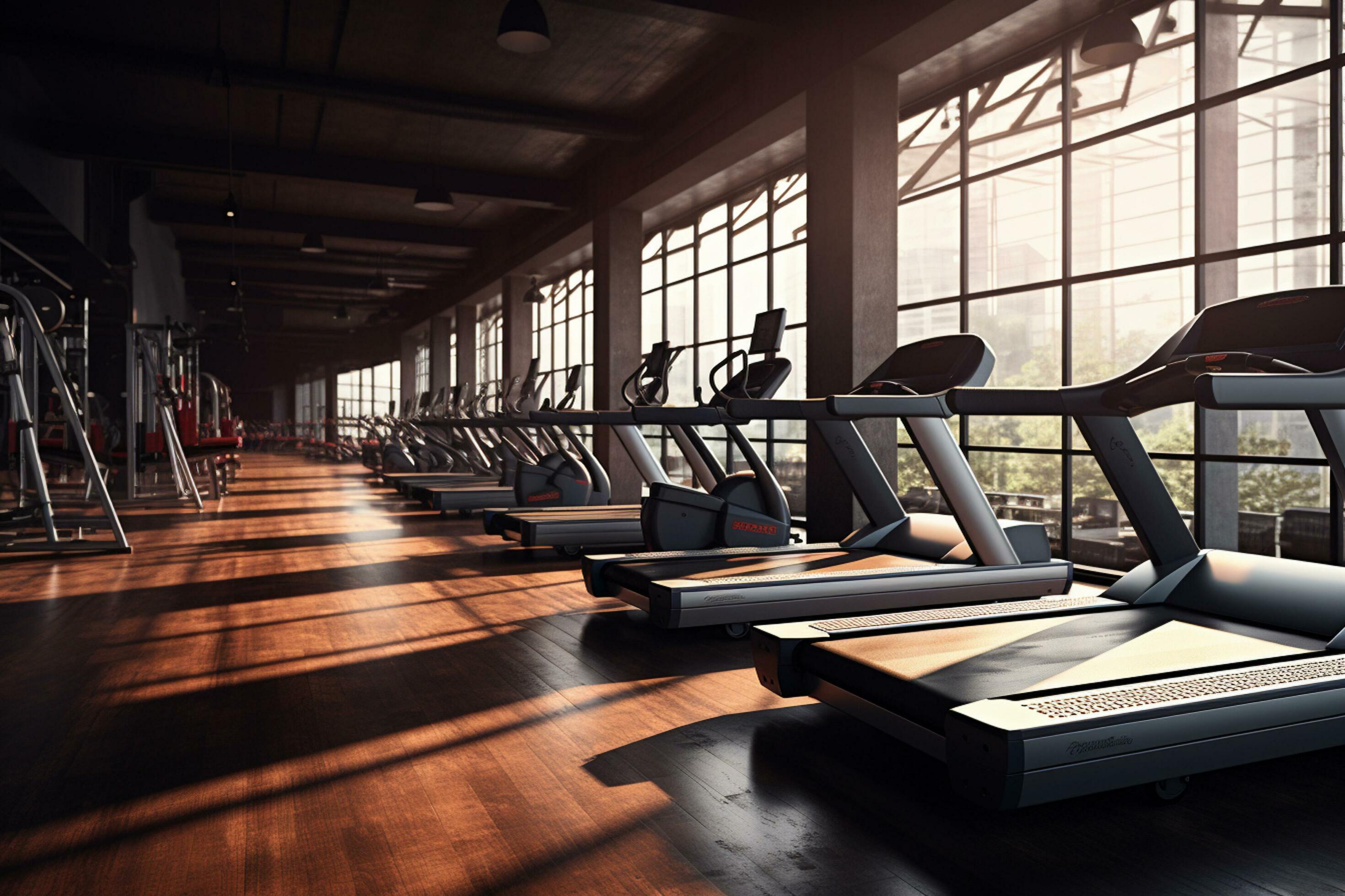 Modern gym interior with fitness equipment and sunlight. 3D Rendering ...