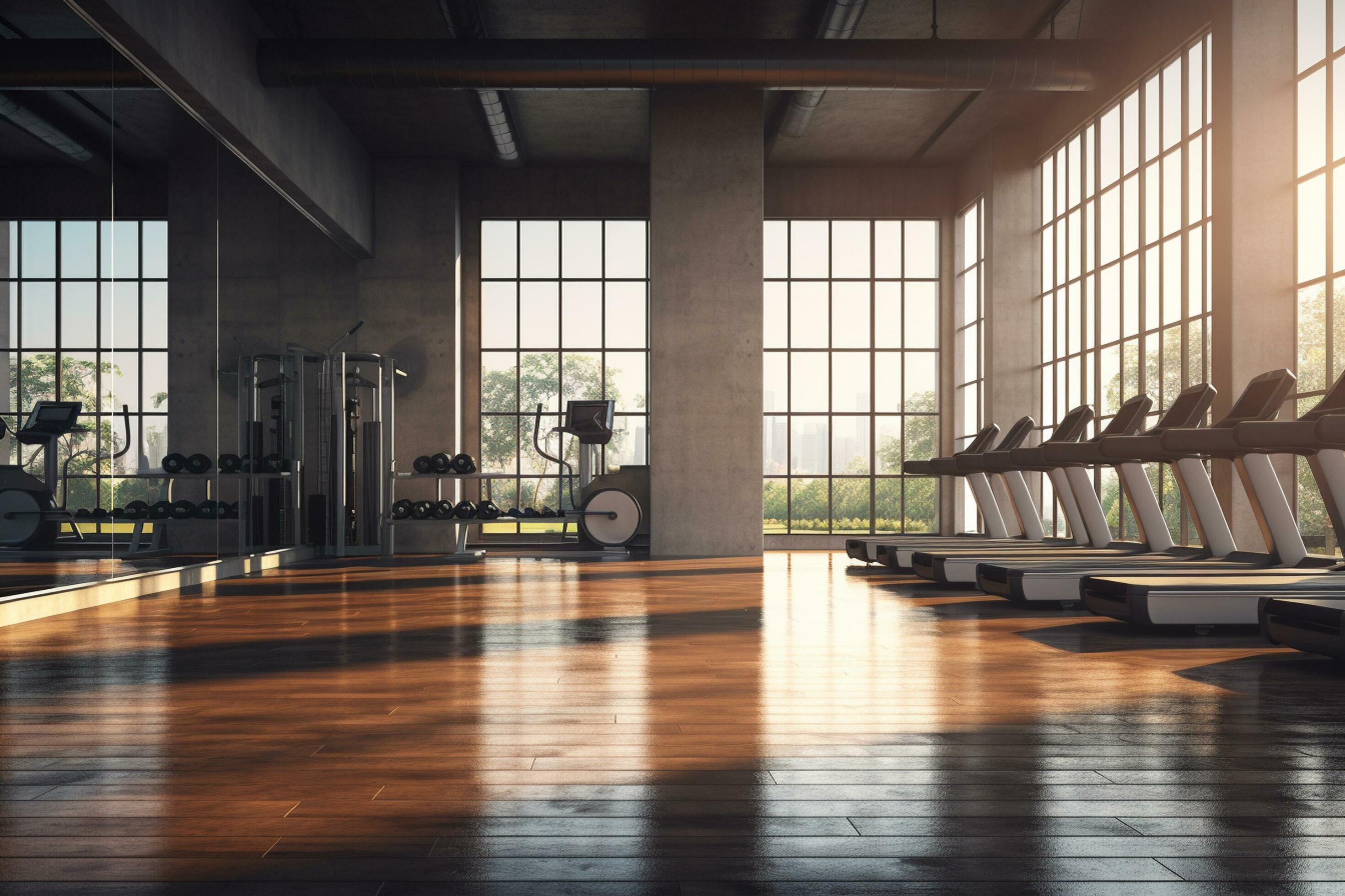 Modern gym interior with fitness equipment and sunlight. 3D Rendering ...