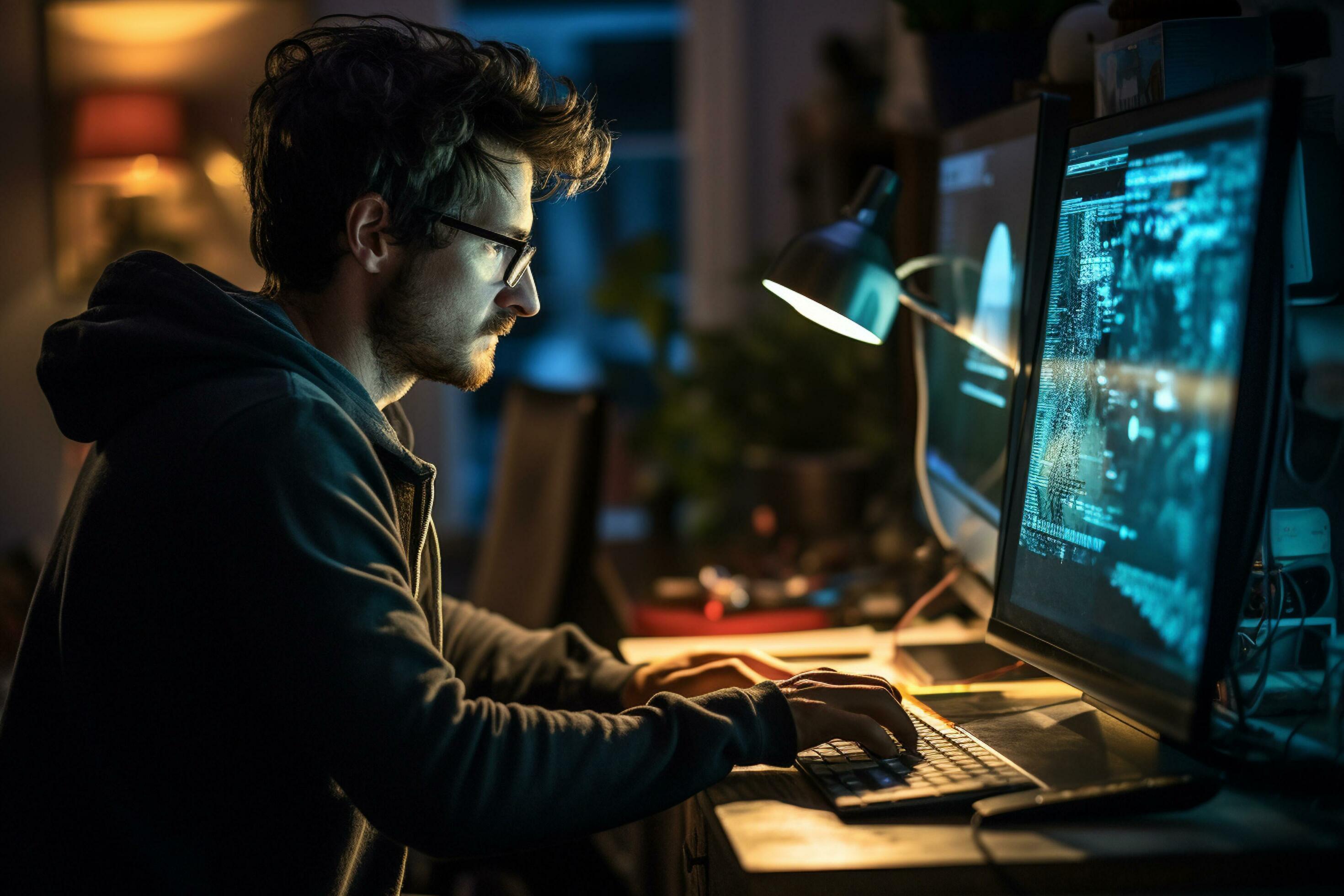 Programmer working late at night on a computer in a dark room Ai ...