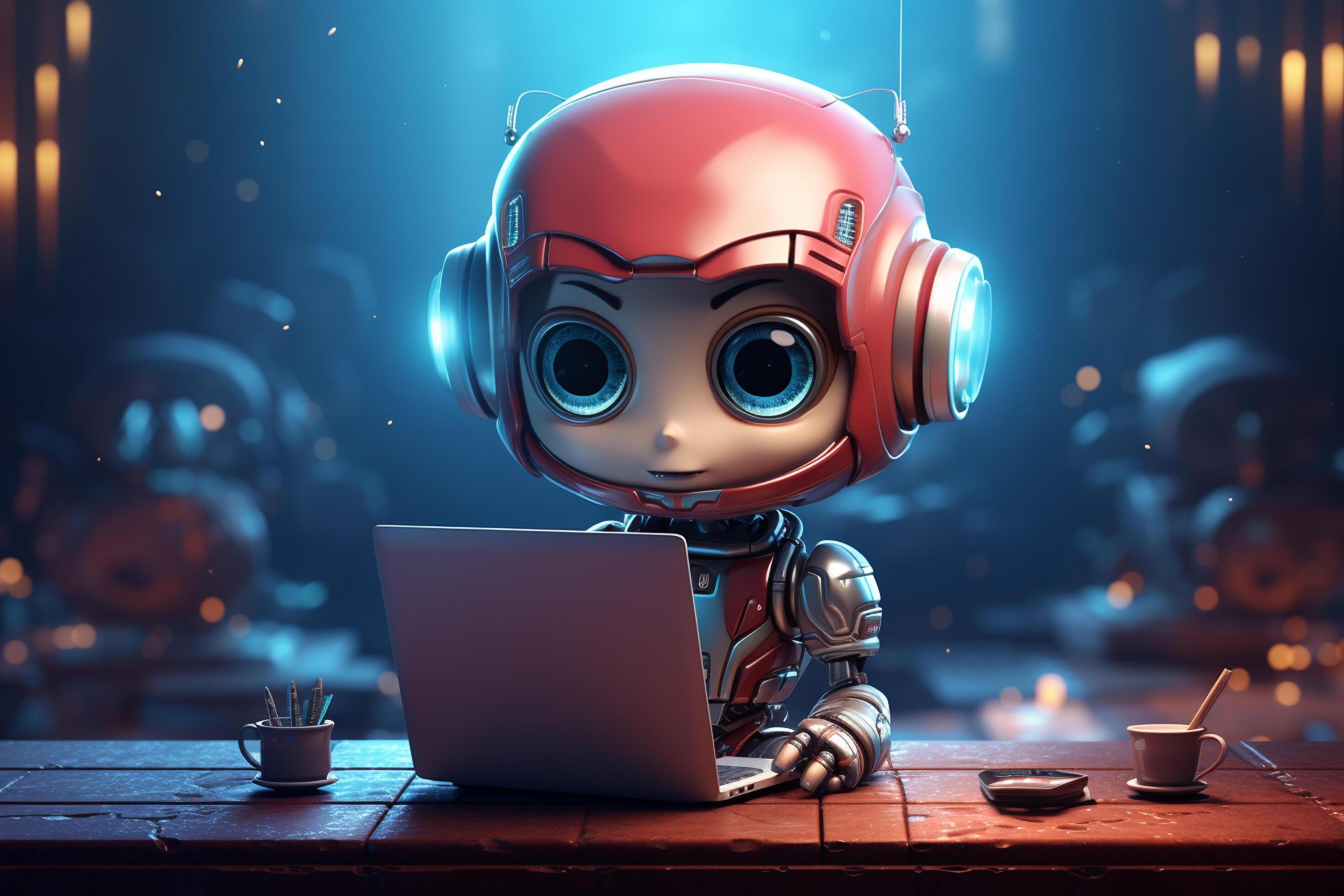 Cute Robot working on a laptop. 3d render. Technology concept. Ai ...