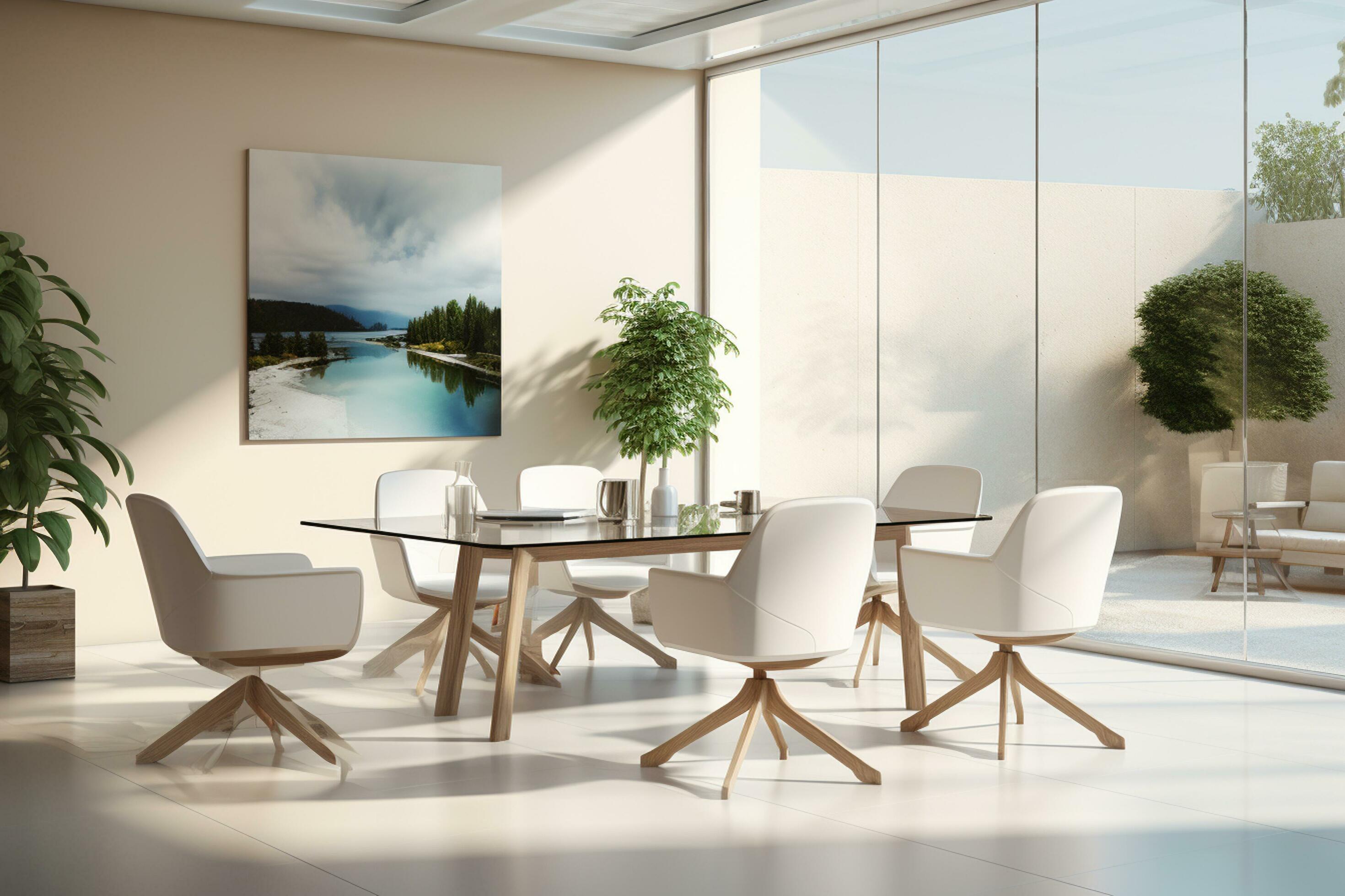 Interior of modern dining room with white walls, concrete floor, long ...