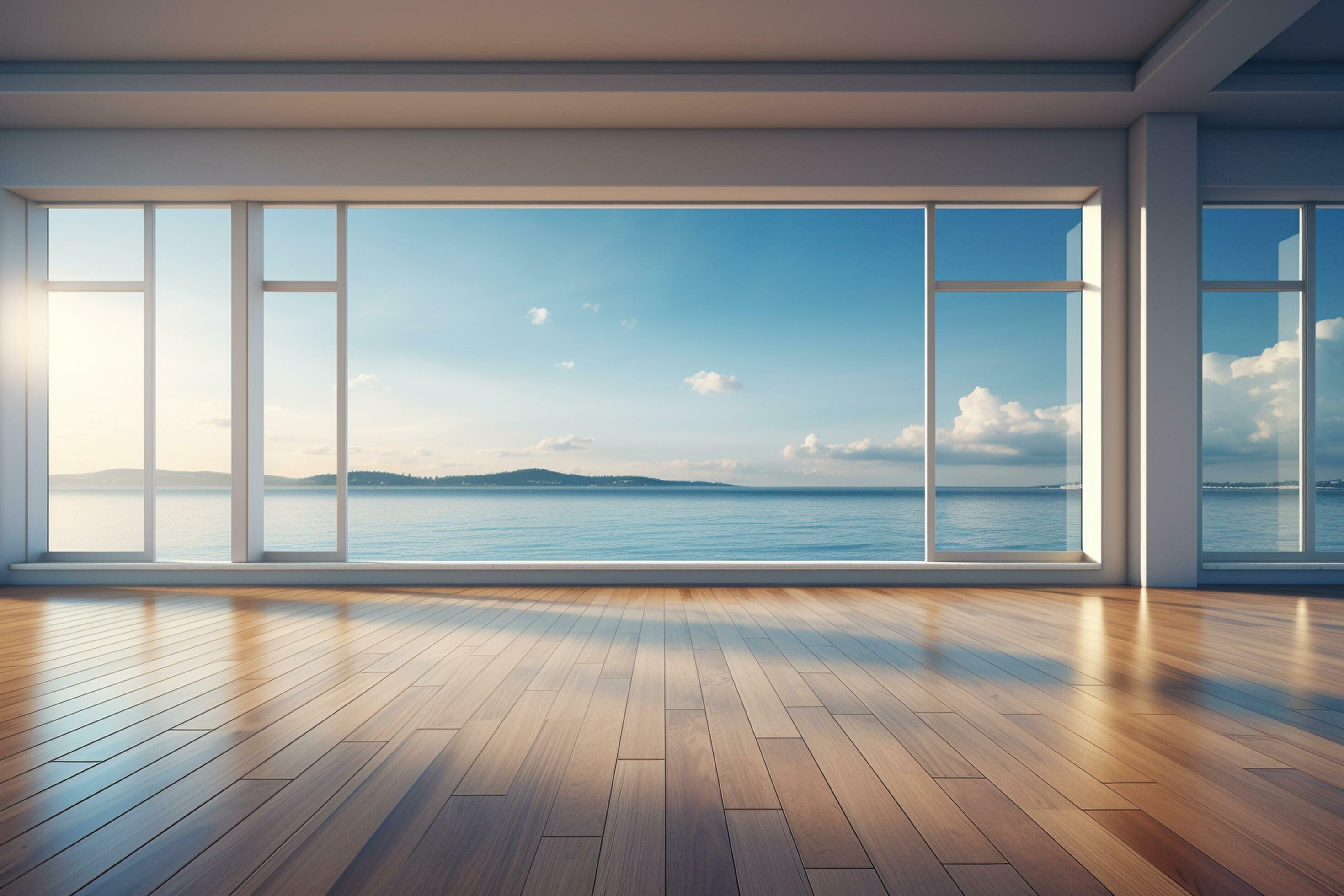 Empty white room with sea view. 3D Rendering mock up Ai Generated ...