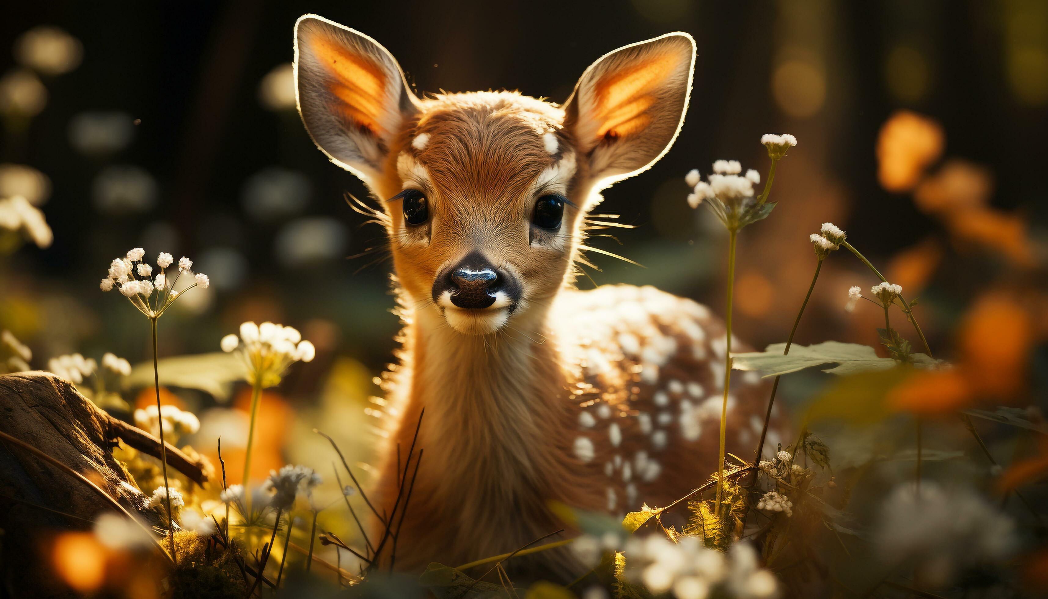 Cute deer looking at camera in green meadow, hiding in grass generated by AI 30499706 Stock ...