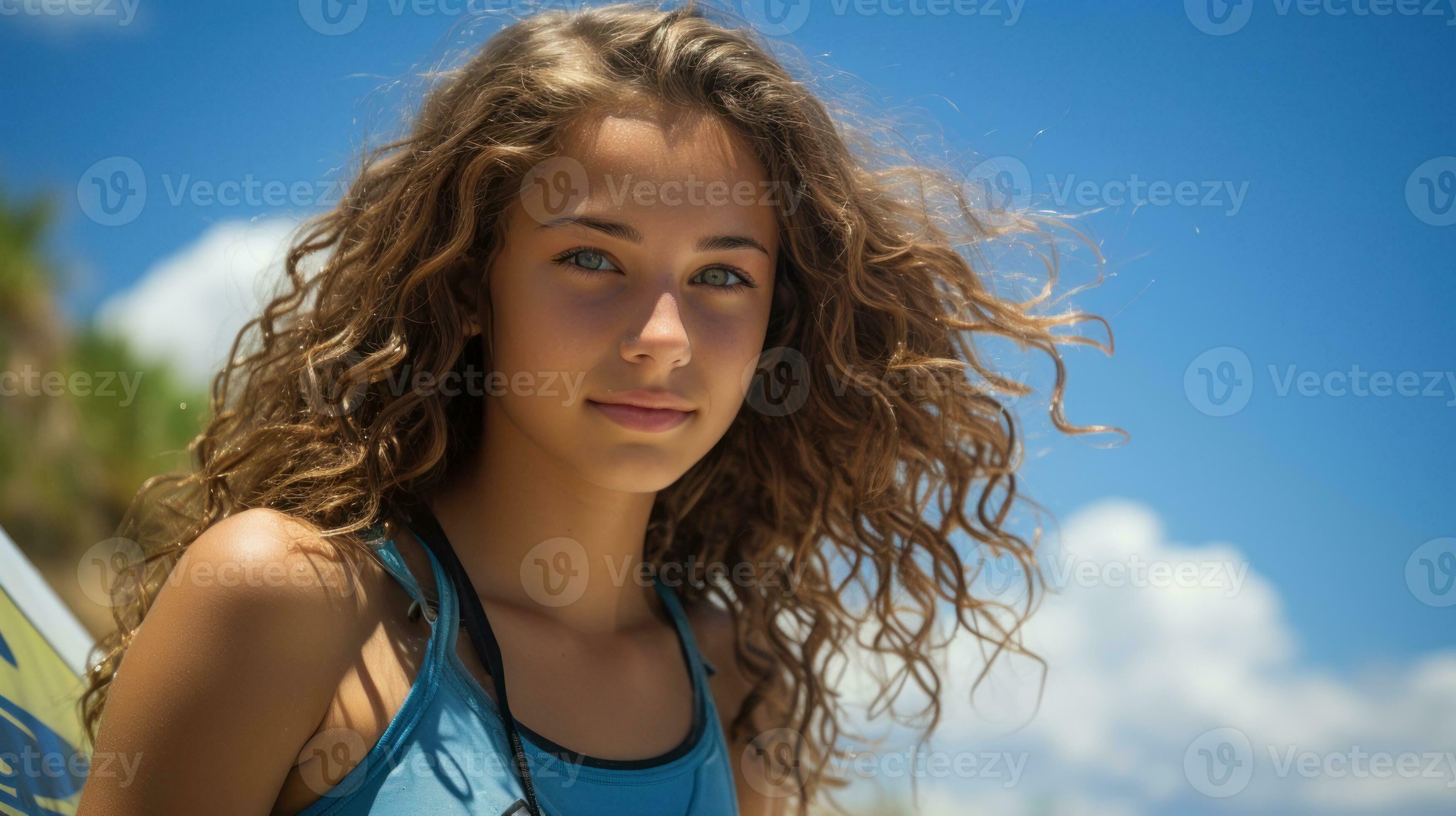 Teenage girl in a swimsuit with a surfboard.. Generative AI 30503298 Stock Photo at Vecteezy