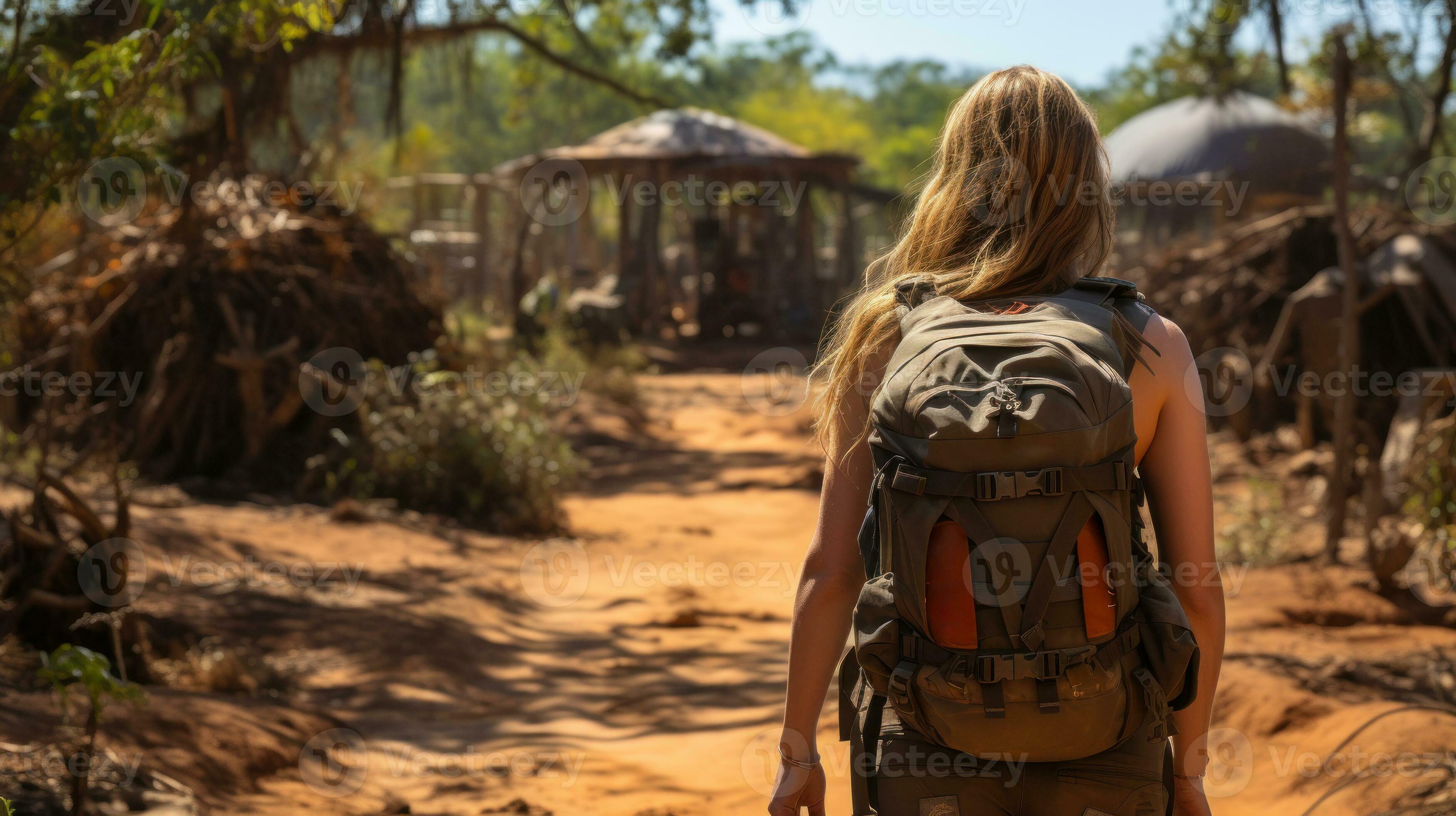 Rear view photo of a backpacker woman. Generative AI 30503372 Stock Photo at Vecteezy