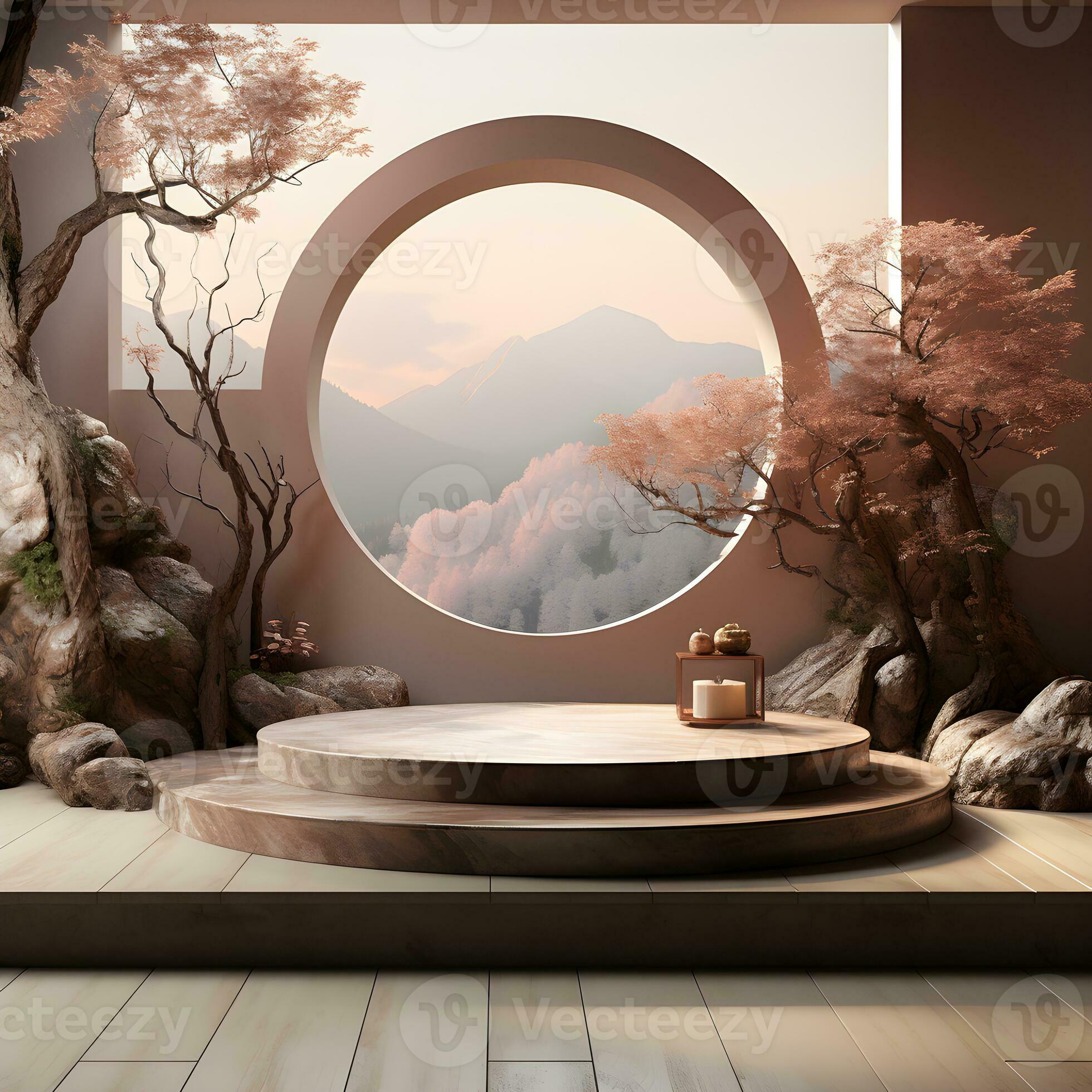 3d render, abstract minimal scene with round podium and mountains in the background AI ...