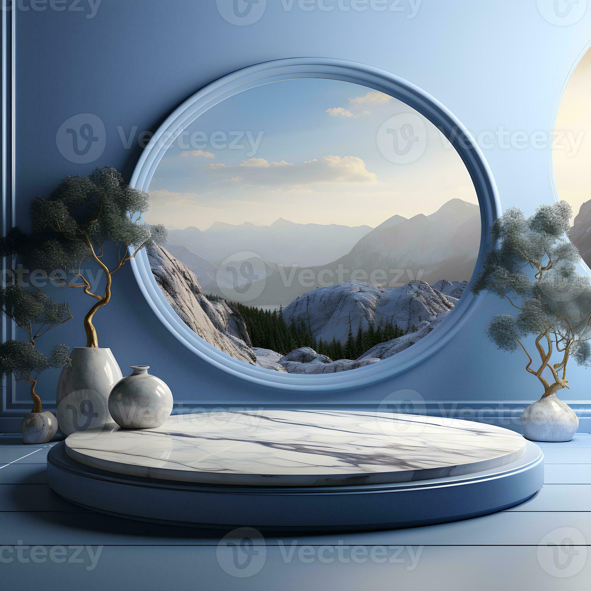 3d render, abstract minimal scene with round podium and mountains in the background AI ...