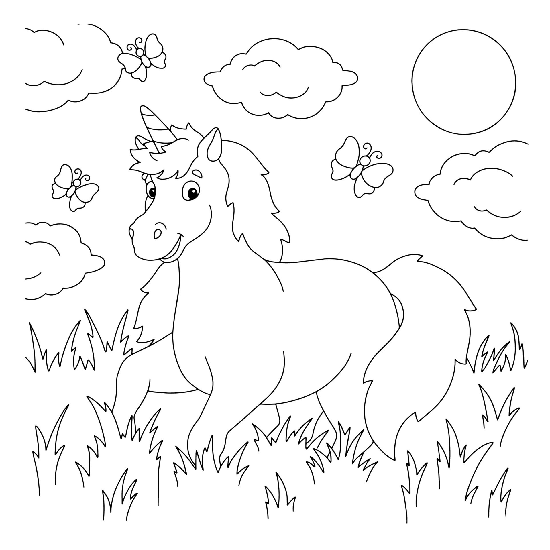 A frolicking unicorn on the grass. Coloring book page for kids. Cartoon style character. Vector ...