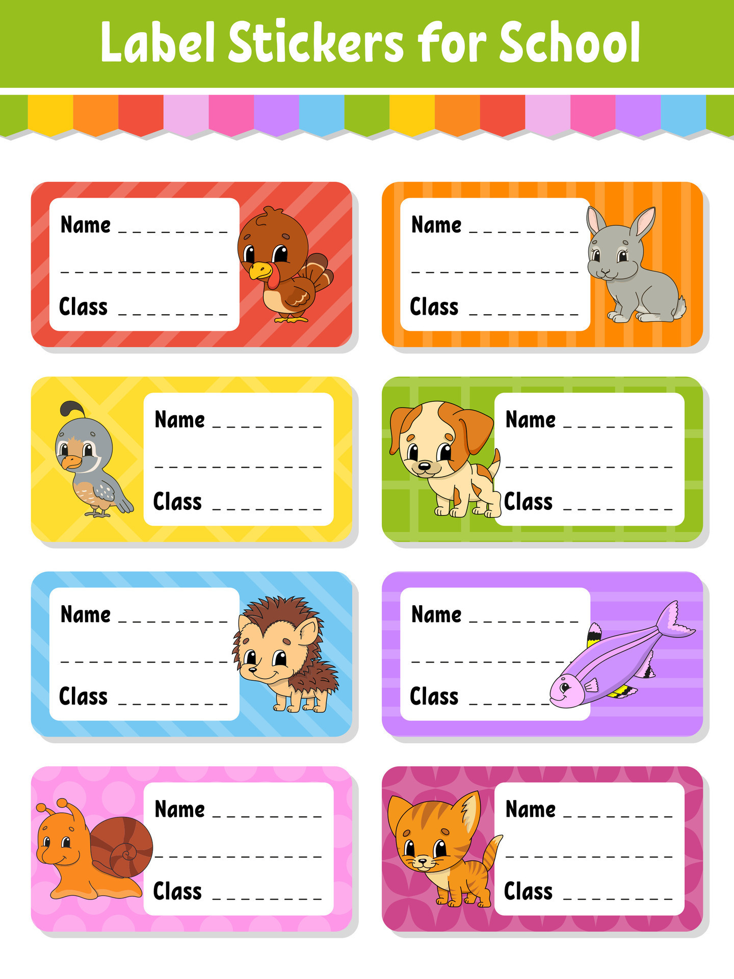 Bright stickers. Name and class. Back to school labels. Set stickers ...