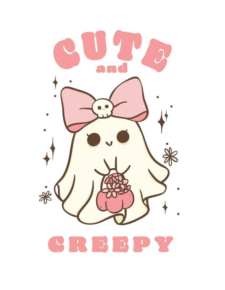 Cute And Spooky Pink Halloween Ghost Girl With Bow Cartoon Doodle Illustration 30521209 Vector