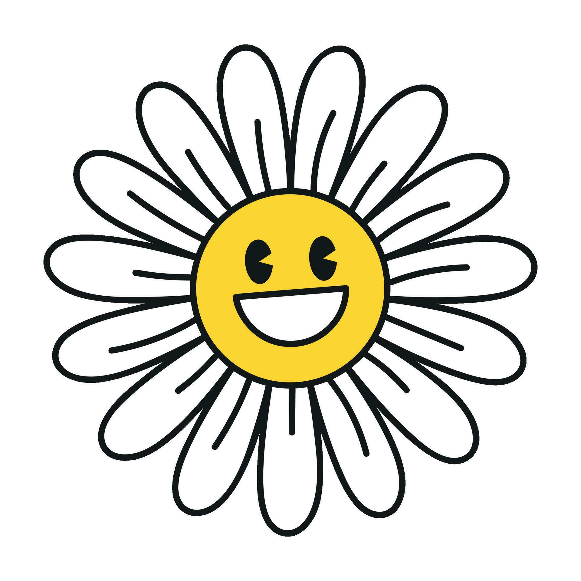 Groovy daisy flowers face collection. Retro chamomile smiles in cartoon ...