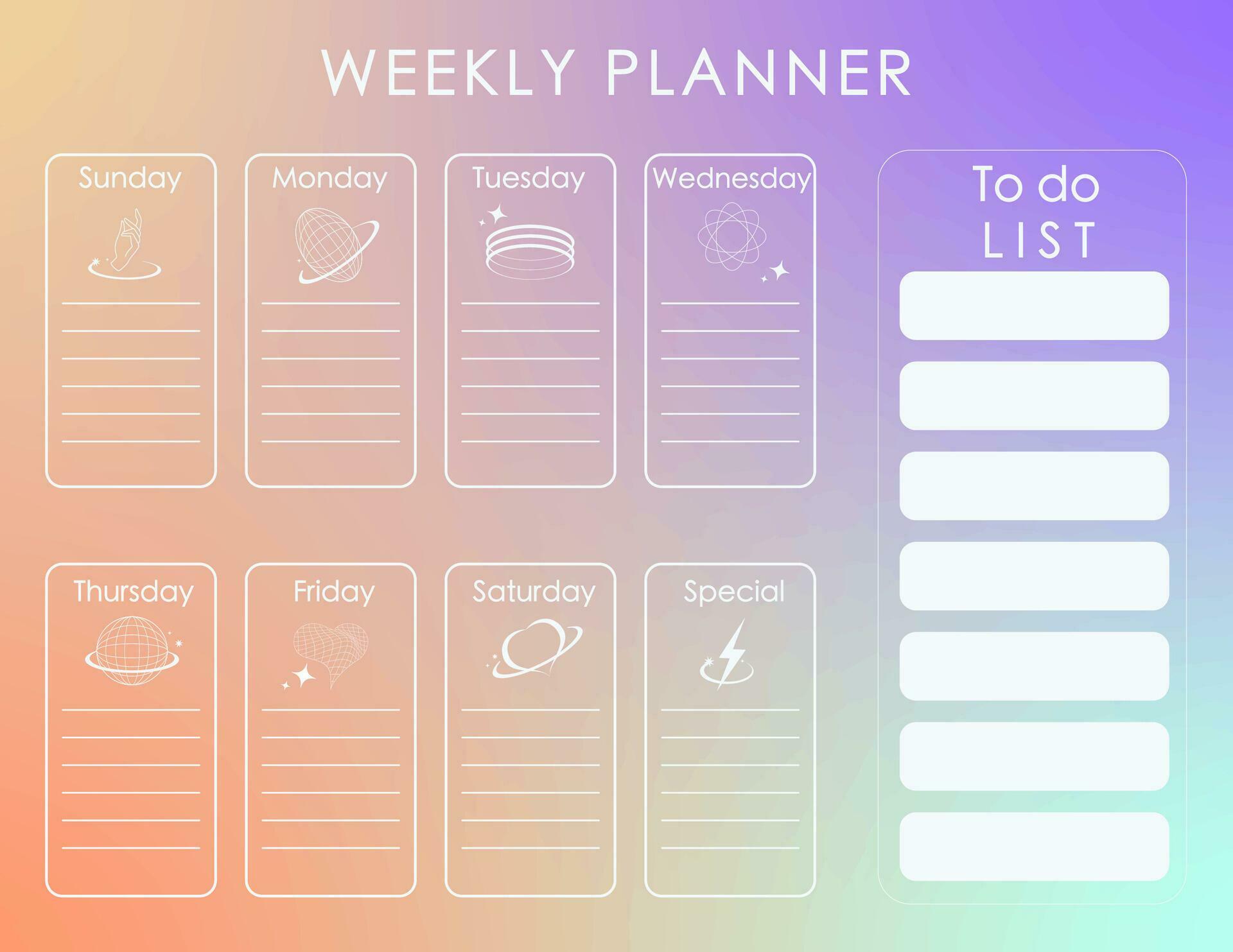 weekly planner.week start on sunday with gradient style that use for ...