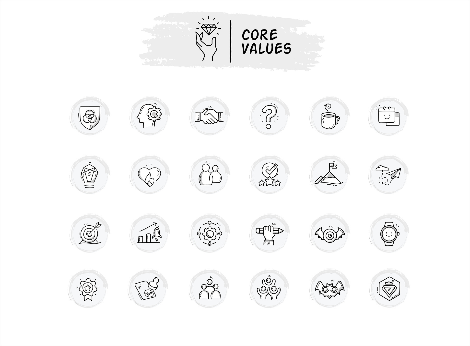 A comprehensive set of icons representing core company values, culture ...