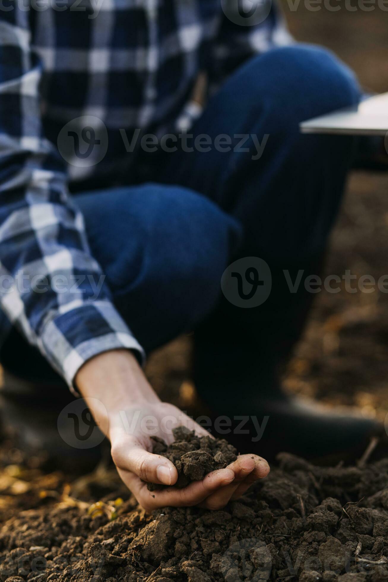 Masculino Manos Conmovedor Suelo En El Campo Experto Mano De Granjero