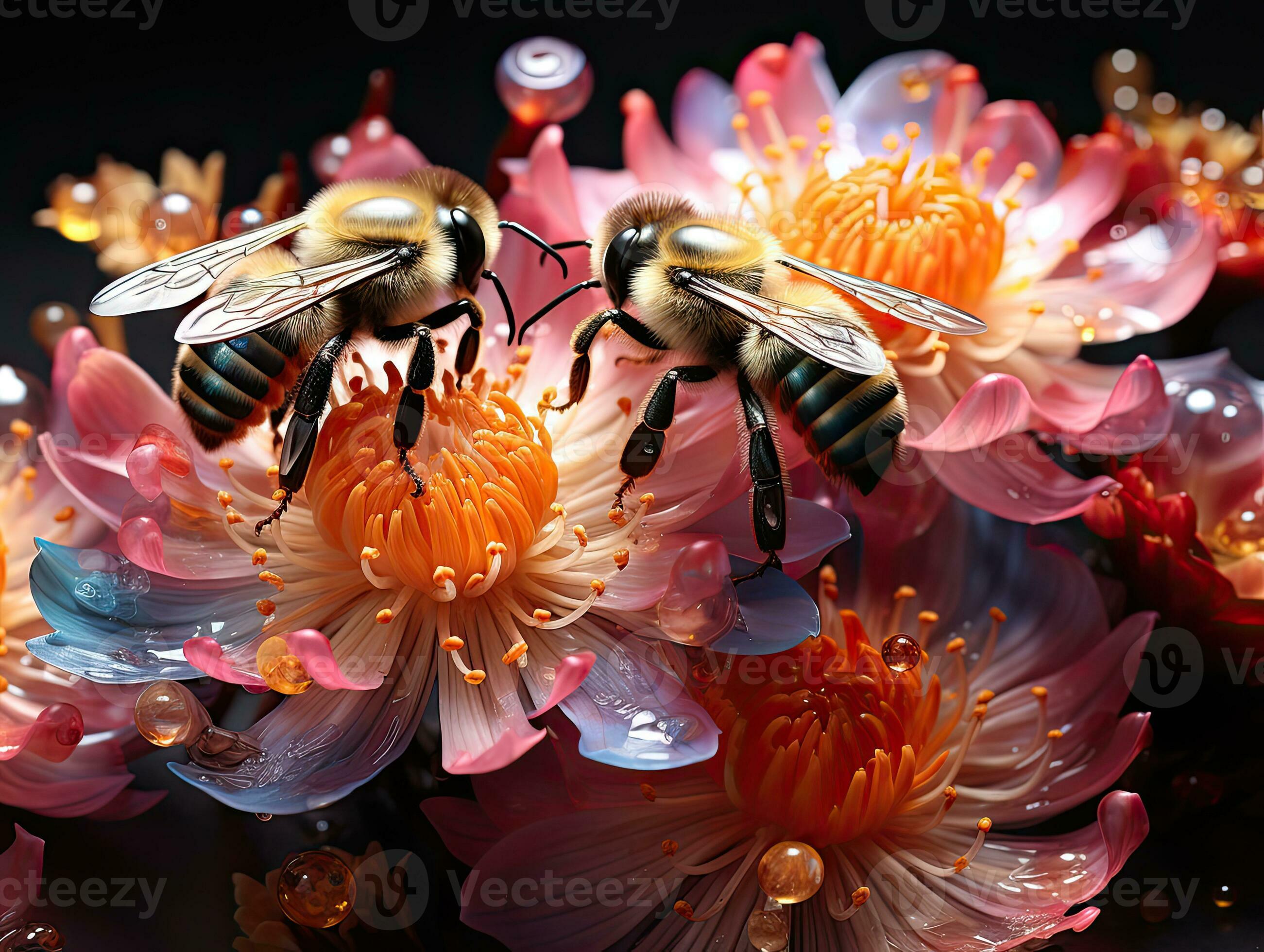 Honey bee collecting nectar from flowers in water, closeup, 3d rendered. AI Generative 30549411 ...