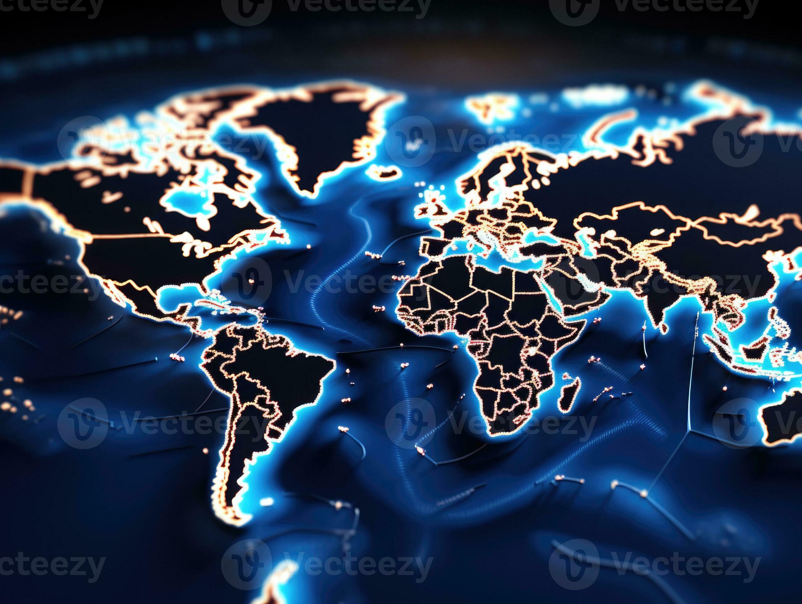 Map of the world with glowing lines on dark background. 3d rendering ...