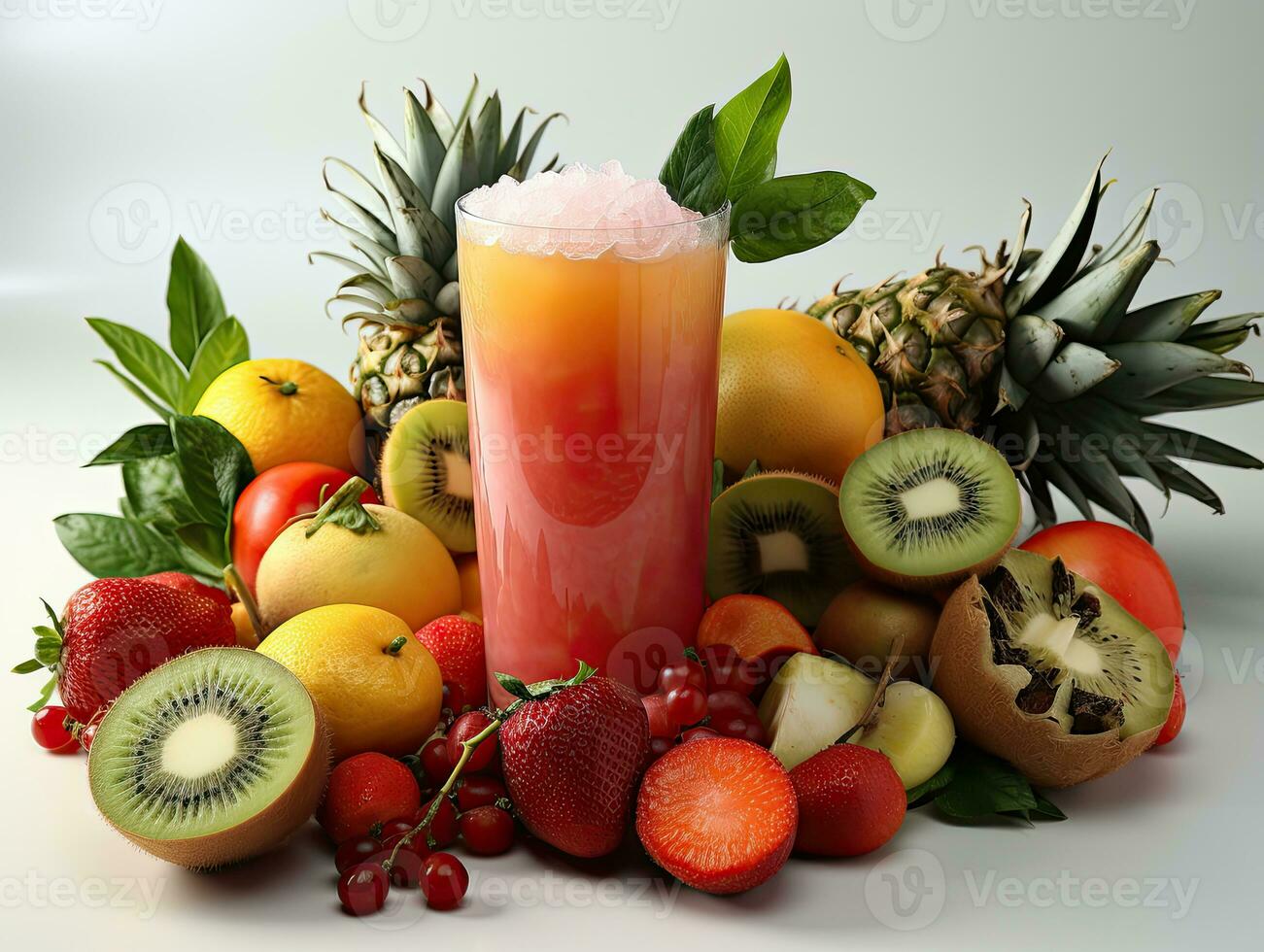 Tropical fruits with leafs and mixed fruit juice in a long glass with ice. AI Generative ...