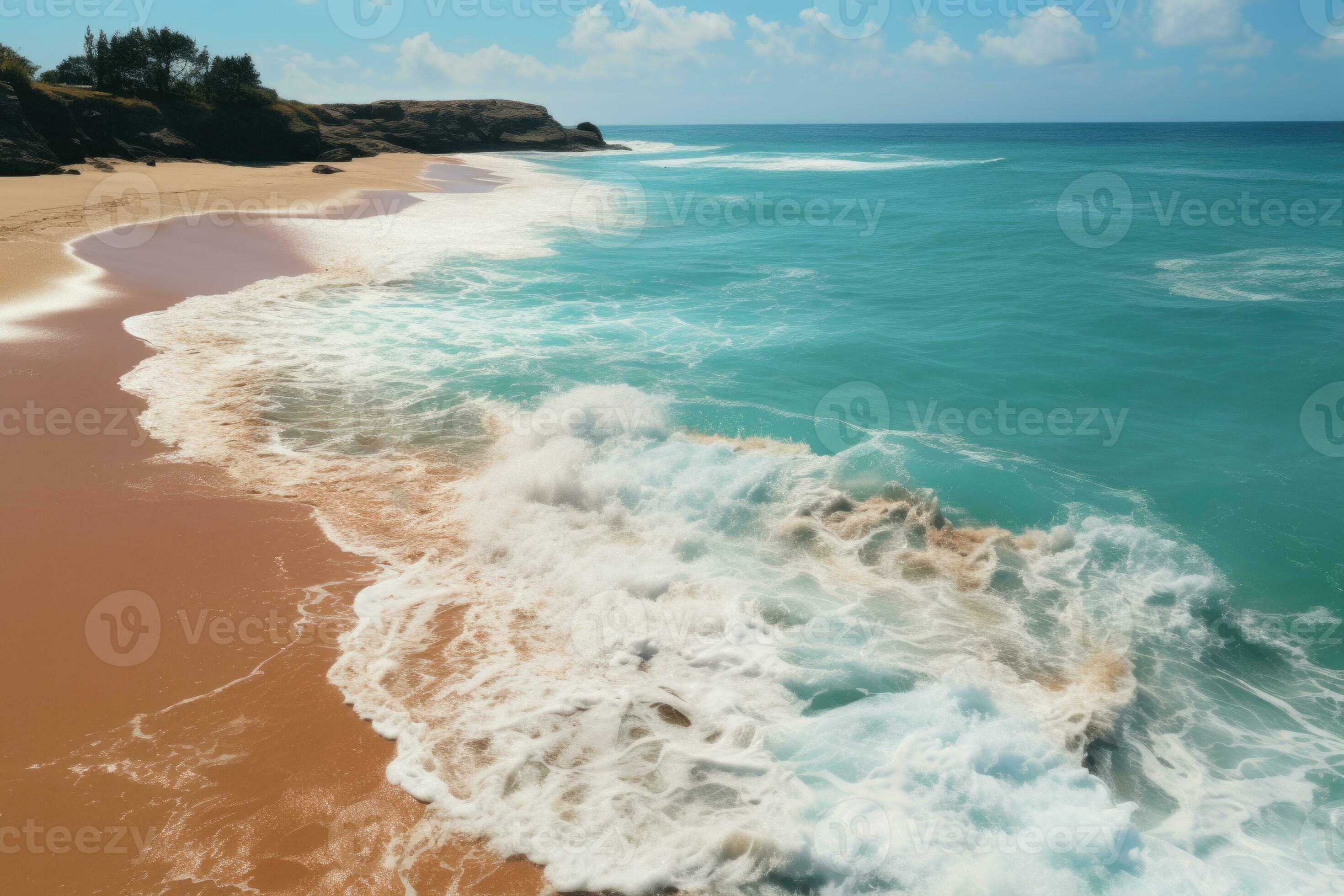 Aerial view of beautiful sandy beach with turquoise water and waves ...