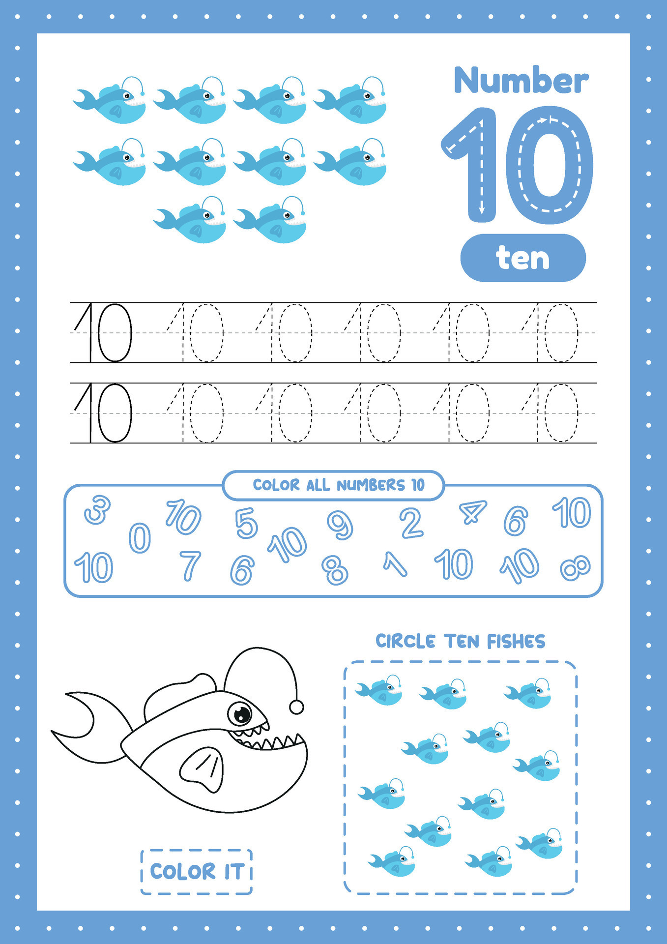 Many games on one page for kids education. Color page, count fishes ...