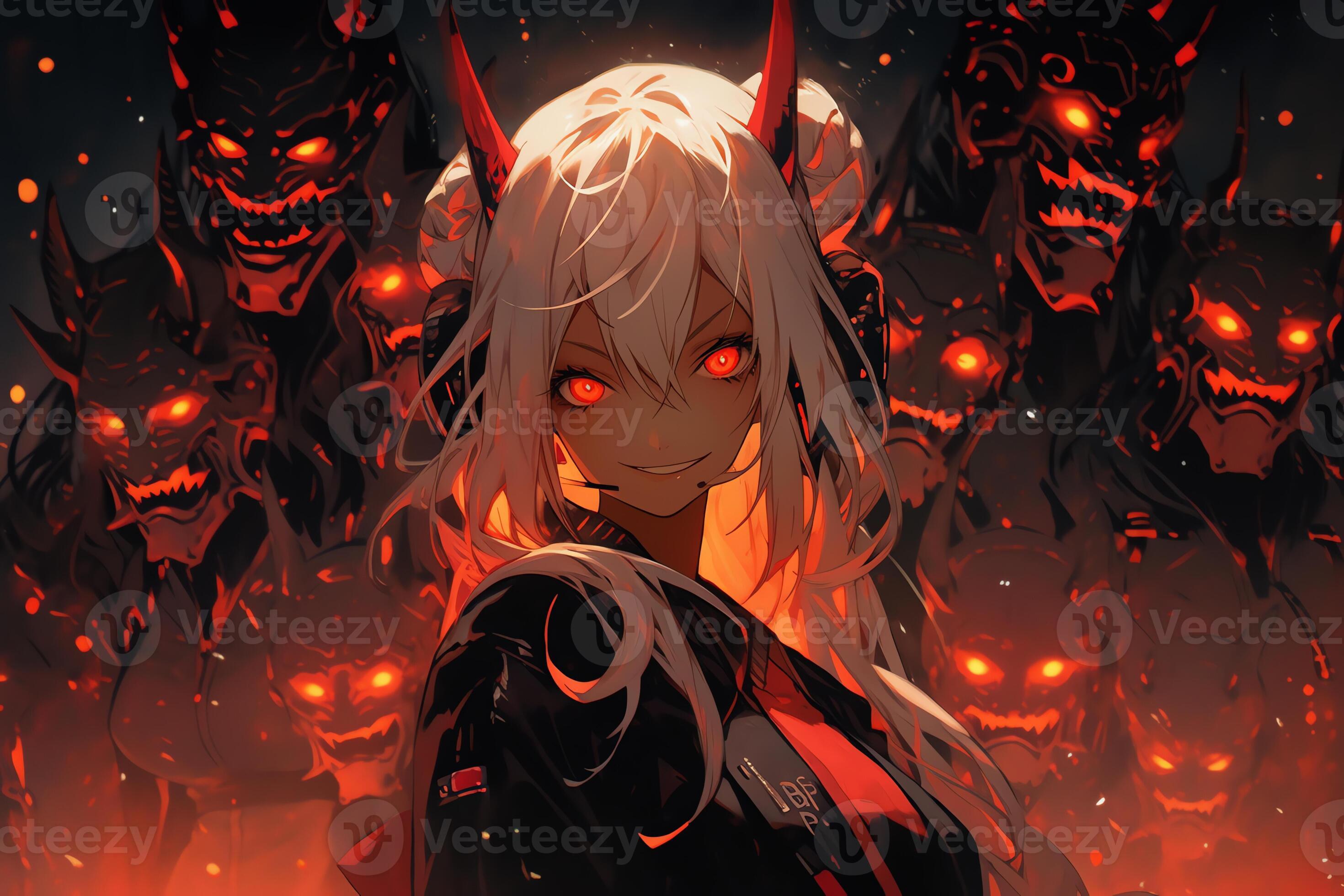 AI Generative Beautiful demon with the eyes lights up in anime style ...