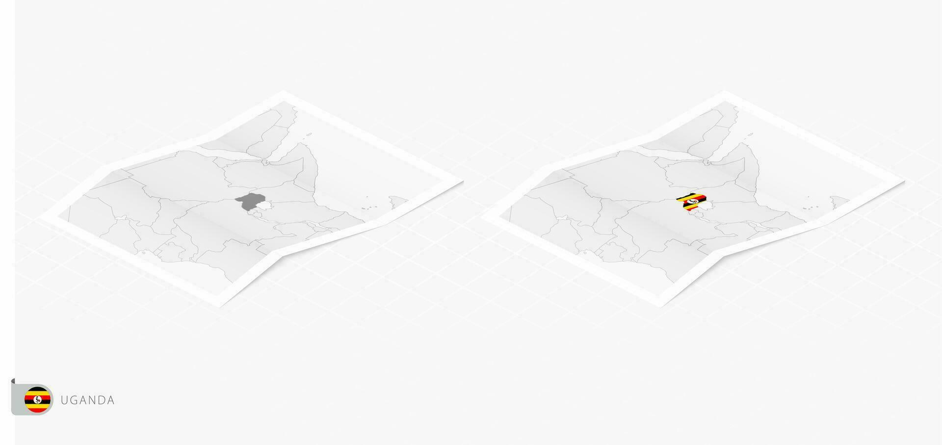 Set of two realistic map of Uganda with shadow. The flag and map of Uganda in isometric style ...