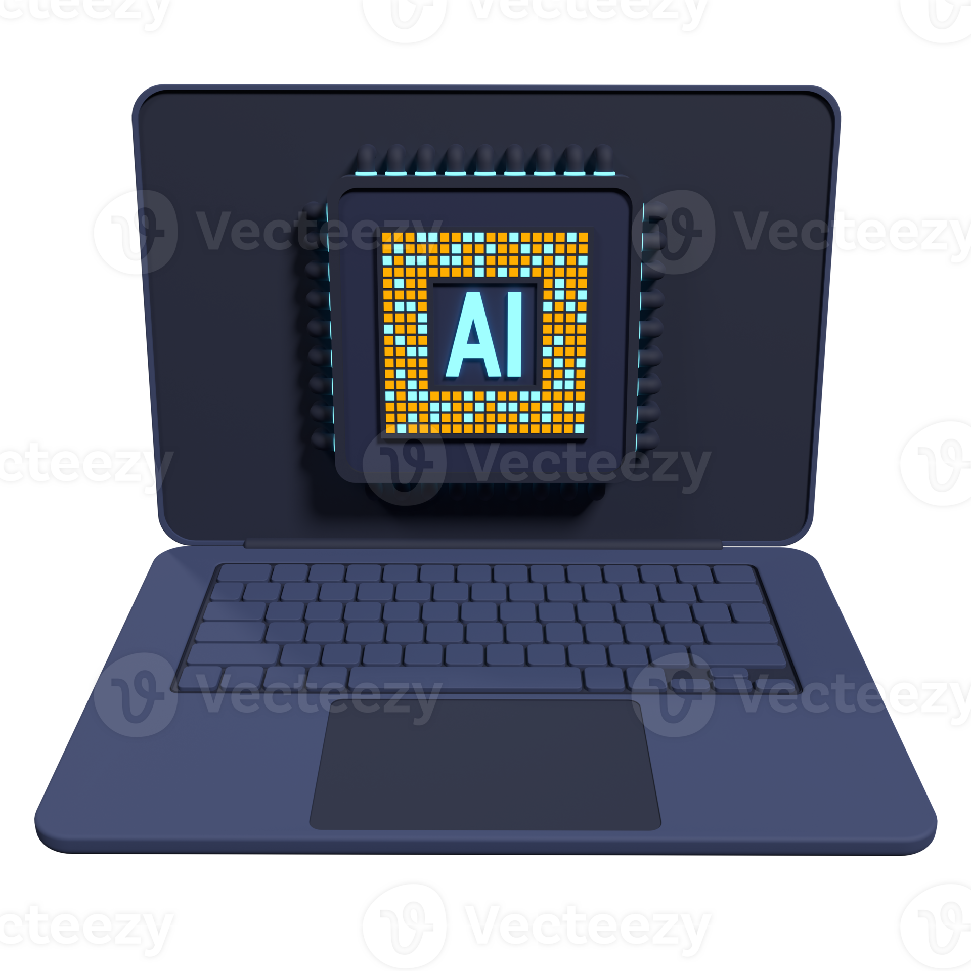 3D render laptop computer with microchip. AI chip hardware concept ...