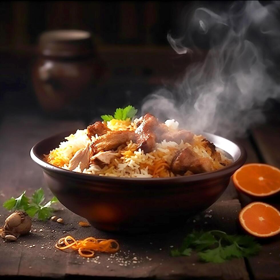 AI Generative Delicious hot chicken biryani in a black dish on a dark ...