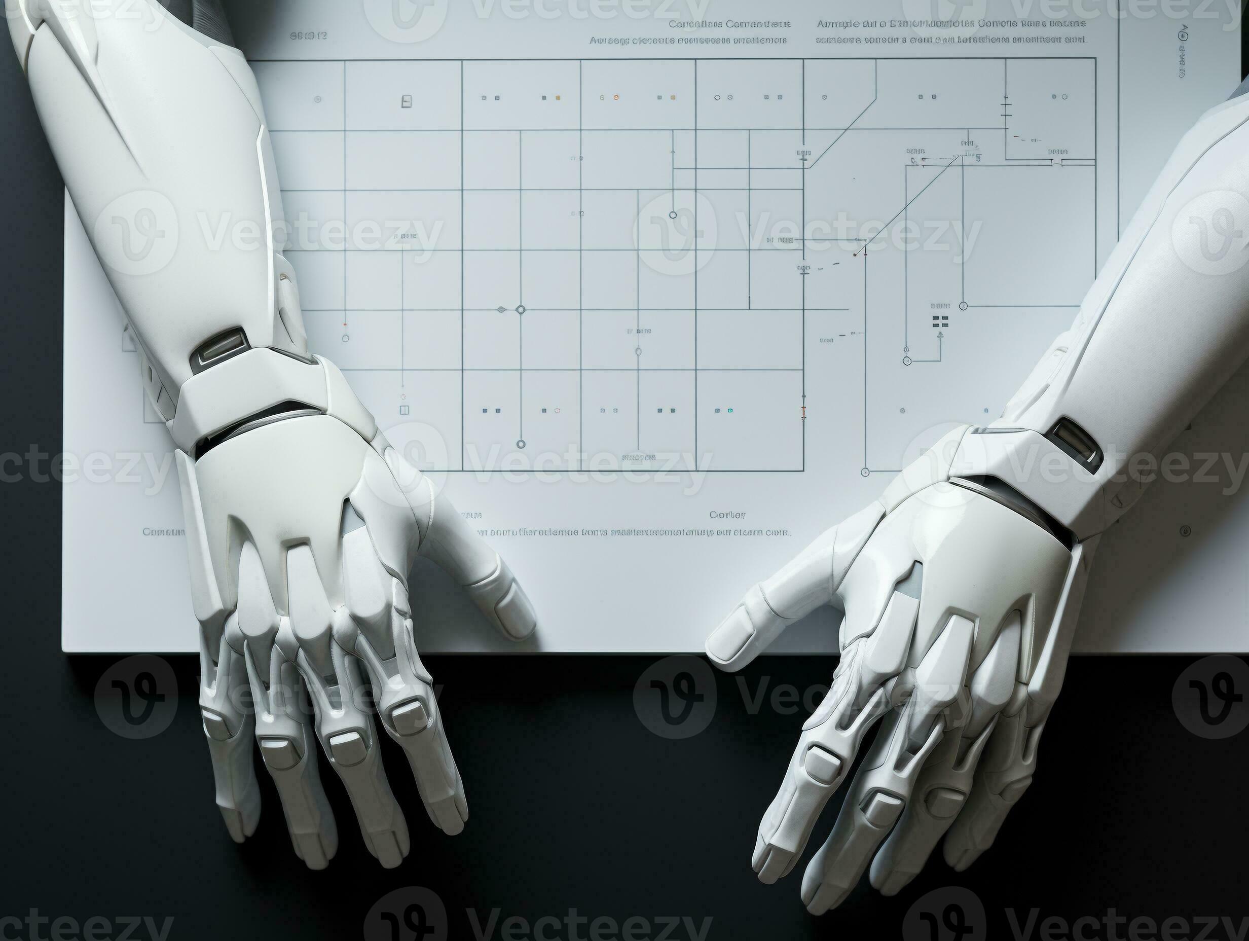Top view of white robot hands on keyboard, graphs on empty space for ...